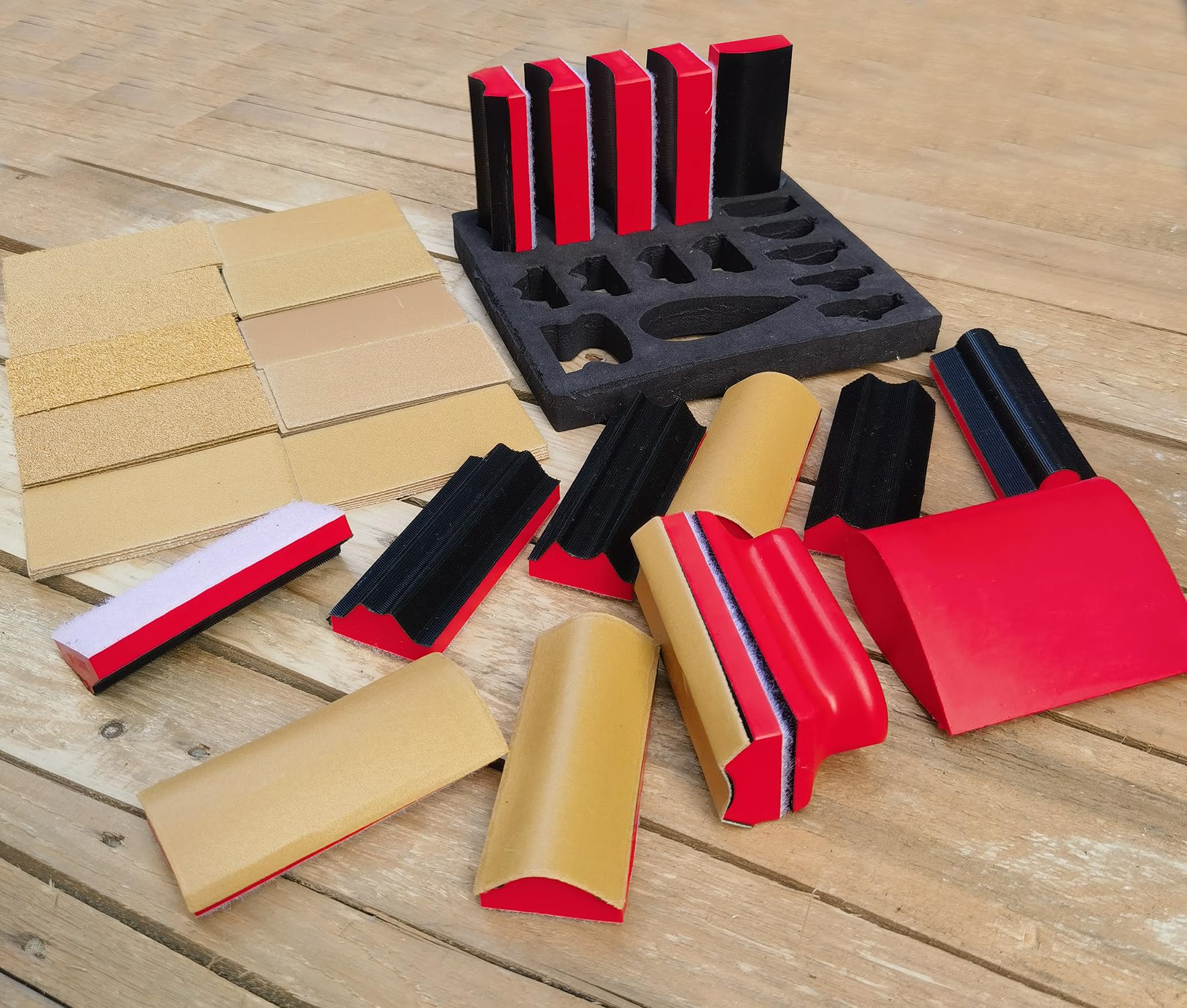 16-Piece Contoured Profile 4" Hand Sanding Block Set with 40 Sheet Hook & Loop Sandpaper Kit - Interchangeable Assorted Convex & Concave Shapes for Woodworking Furniture, Auto Paint and Crafts
