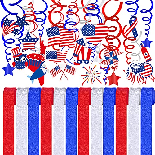 Bulk Patriotic Party Decoration Assortment Red White Blue Crepe Paper Streamers Hanging Swirls Foil Steamers with Assorted American Flag Star Cutouts for 4th of July Independence Day Memorial Day
