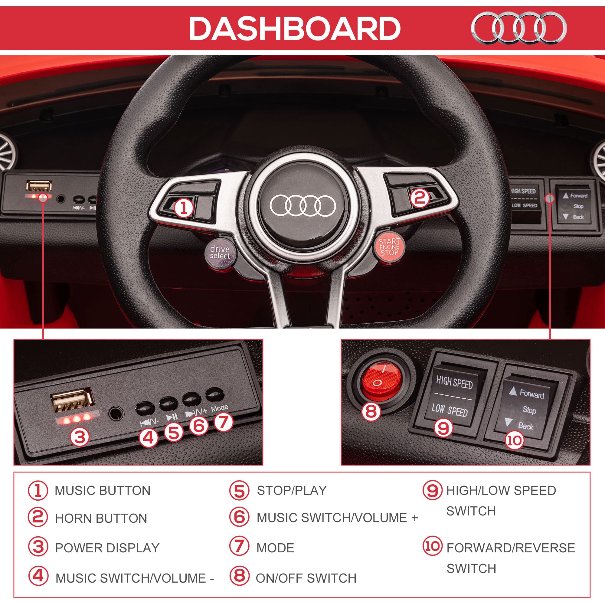 Aosom 6V Kids Electric Ride On Car, Licensed Audi TT RS with Suspension System and Remote Control, Horn, 5 Songs, Lights, MP3 Player, Red