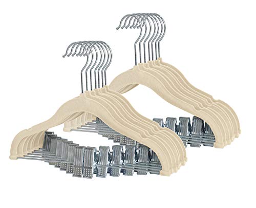 Finnhomy Non-Slip Clothes Hangers for Baby and Kids 20-Pack Velvet Hangers with Movable Clips, Heavy-Duty and Space-Saving for Pants,Skirts, Coat, Beige