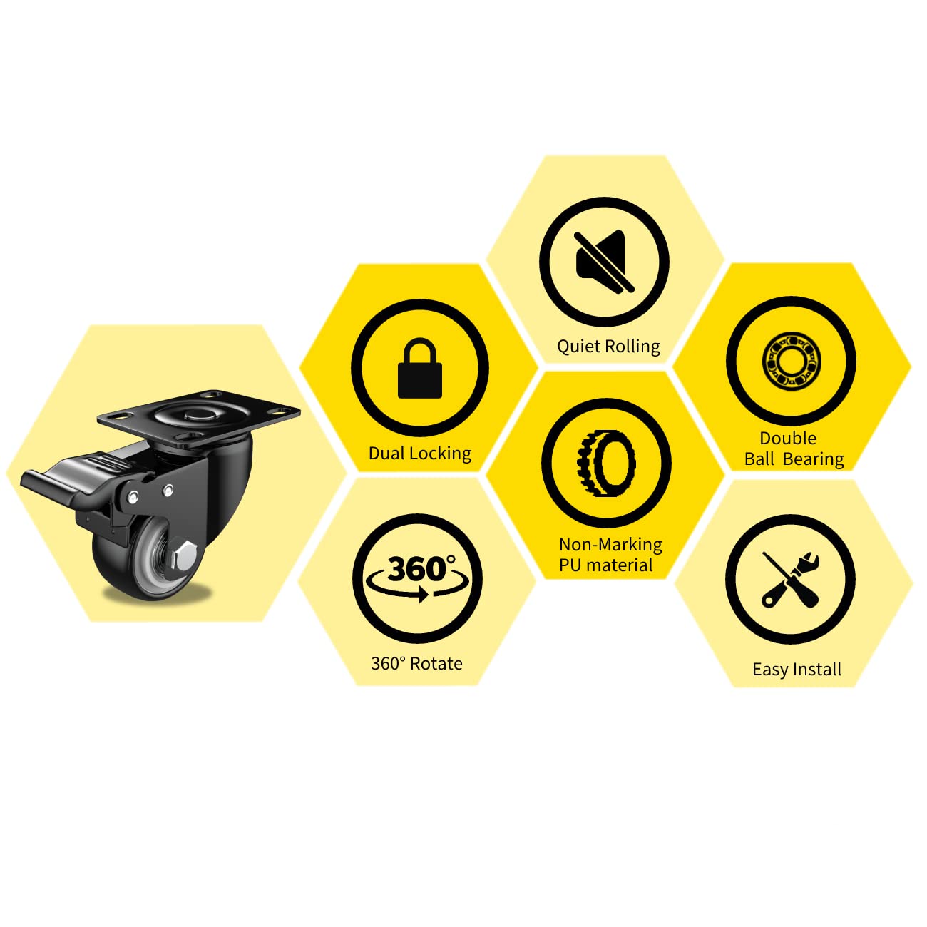 2 Inch Swivel Casters, 2" Heavy Duty Plate Caster with 600 lbs Load, Dual Locking with 360 Degree Rotation, No Noise Locking Casters Set of 4 with Screws and a Screwdriver