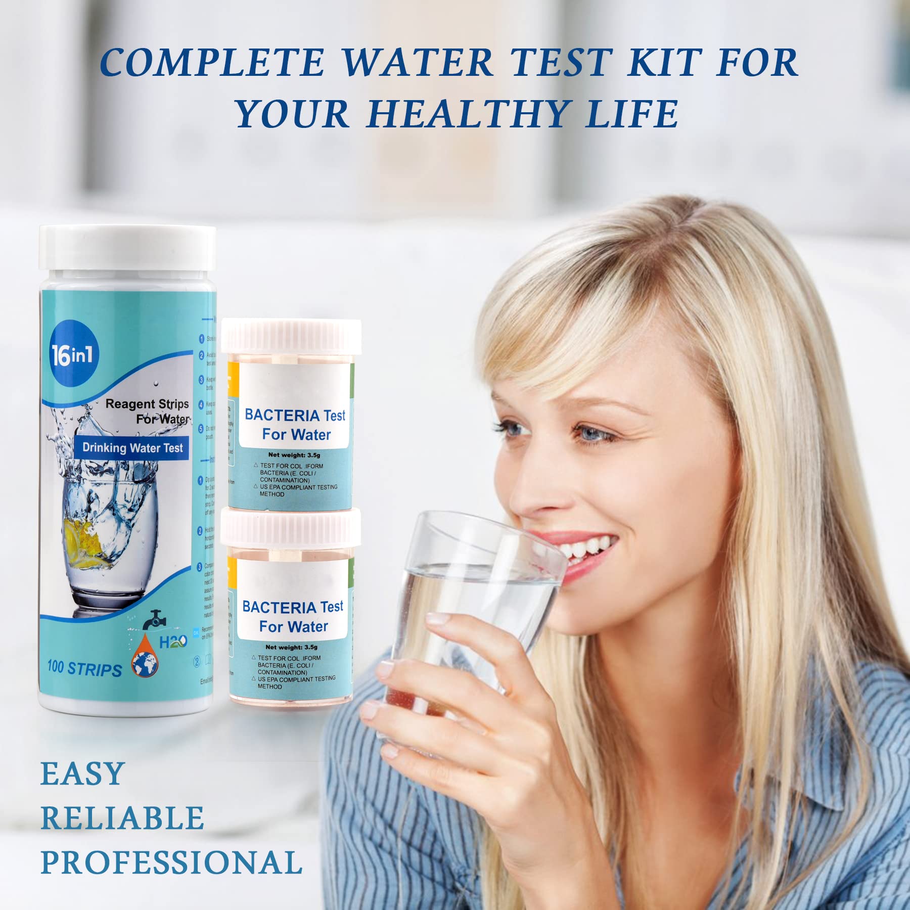 17 in 1 Complete Water Test Kit for Home,100 Strips + 2 Bacteria Water Testing Kits for Drinking Water Easy Testing Bacteria, pH, Lead, Fluoride,Hardness and More