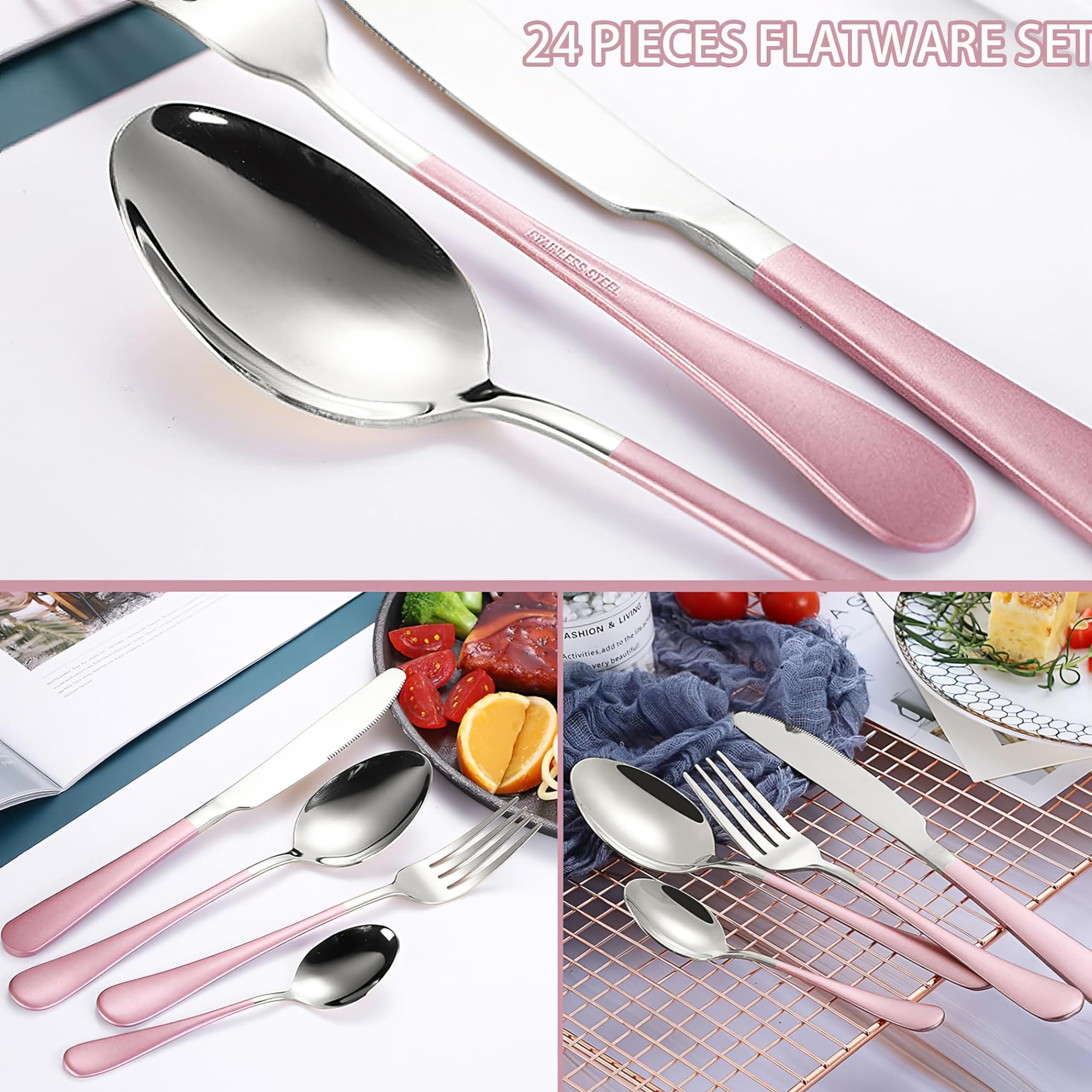 24 Pieces Flatware Set, Stainless Steel Cutlery Set with Silverware Holder, Spoons Forks Knives Set,Hanging Silverware Set Service for 6,Durable Stainless Steel Utensils Set (White)