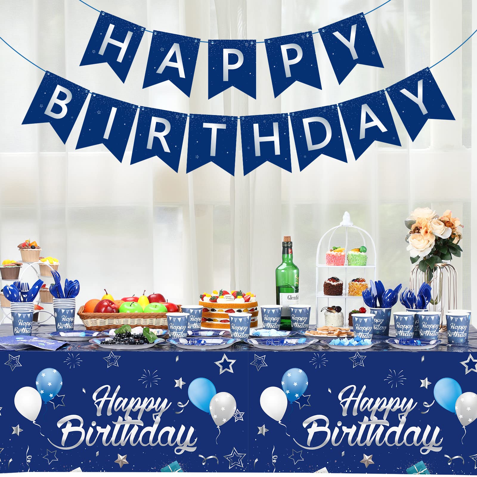 171 Pieces Happy Birthday Party Tableware Set Birthday Decoration Birthday Banner and Tablecloths Plates Cups Napkins Party Dinnerware for 24 Guests Party Supplies (Blue and Silver)