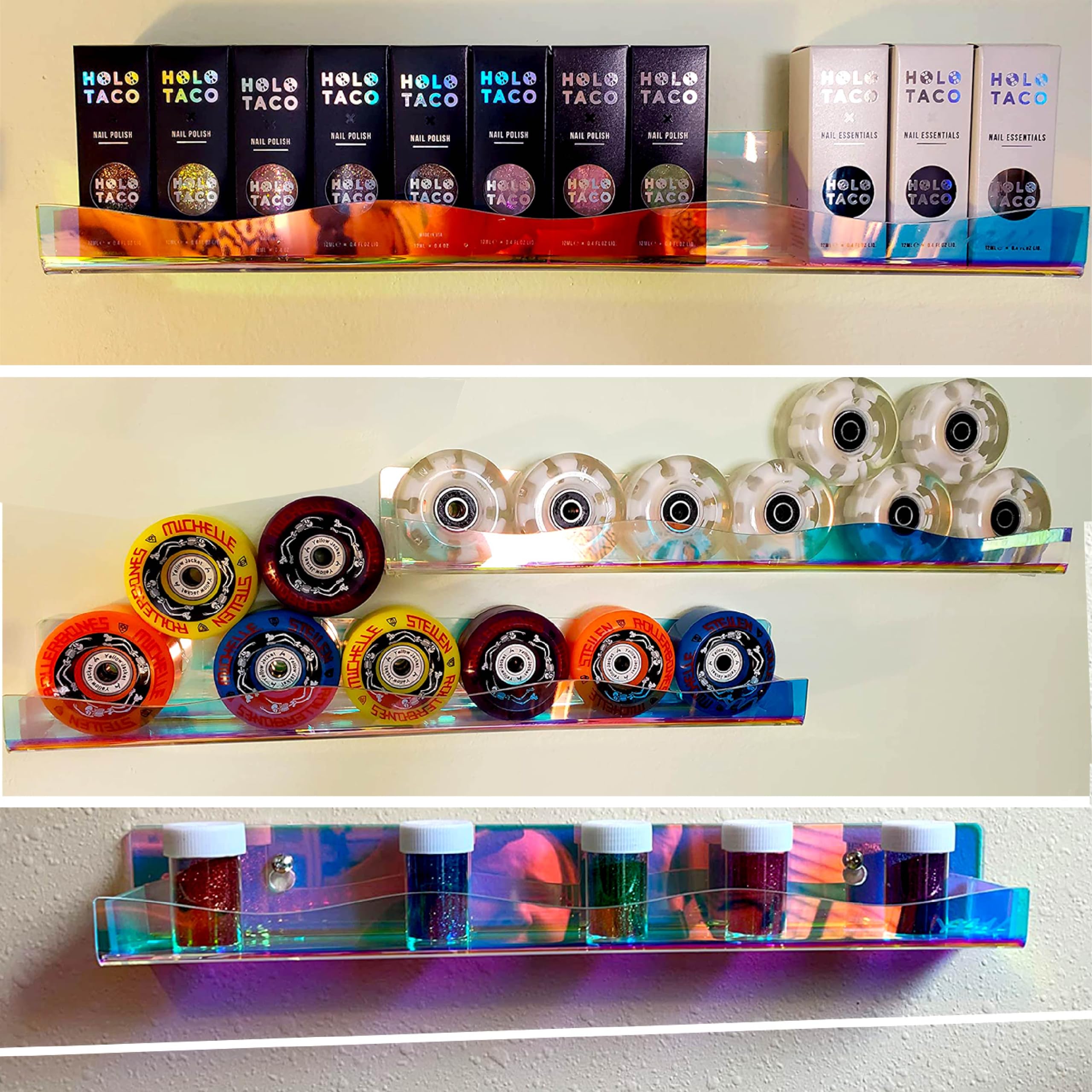 YMVV 15" Nail Polish Rack Wall Mounted Shelf,6 Pack Clear Rainbow Iridescent Acrylic Organizer Nail Supplies for Nail Techs,Great Display for Salons Retailers