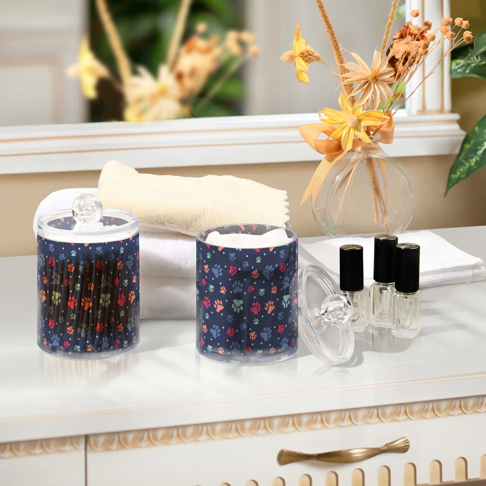 2 Pack Qtip Holder Dispenser Paw Navy Blue Apothecary Jars with Lids Dog Plastic Acrylic Bathroom Vanity Countertop Canister Storage Organizer for Cotton Ball,Swabs,Pads,Floss