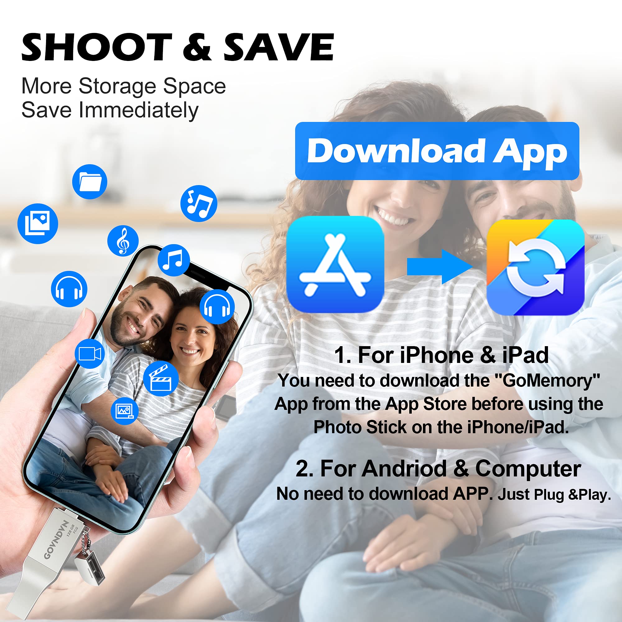 GOVNDVN MFi Certified 128GB iPhone Photo-Stick-USB-C iPhone-Flash Drive Photo-Storage-Thumb-Drive iPhone Backup Stick iPhone Memory Storage for iPhone 15/14/13/12/11 iPad Mac PC Android