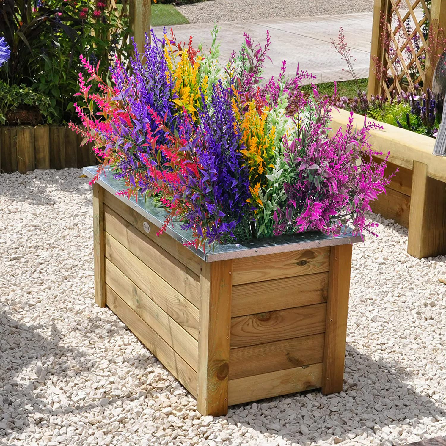 AOUCKSX Artificial Lavender Flowers 6 Bundles Outdoor UV Resistant Faux Plastic Plants Artificial Greenery Lavender for Home Garden Wedding Indoor Porch Box Table Centerpiece Decorations