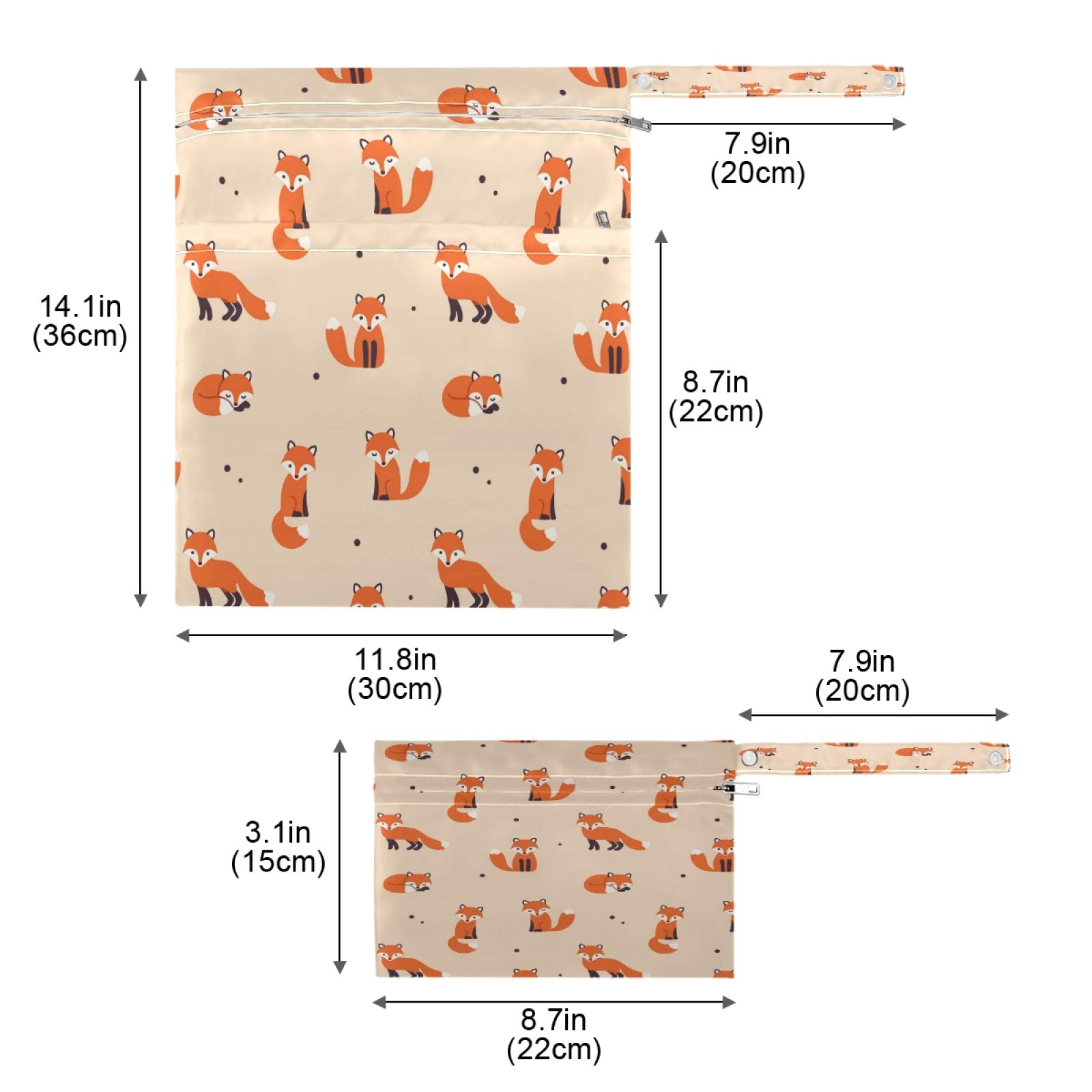 Cute Animal Fox Pattern Wet Dry Bag Set Waterproof Reusable Baby Diaper Bags Organizer with Two Zippered Pockets for Travel Beach Swimming Swimsuit Wet Clothes 2 Pack