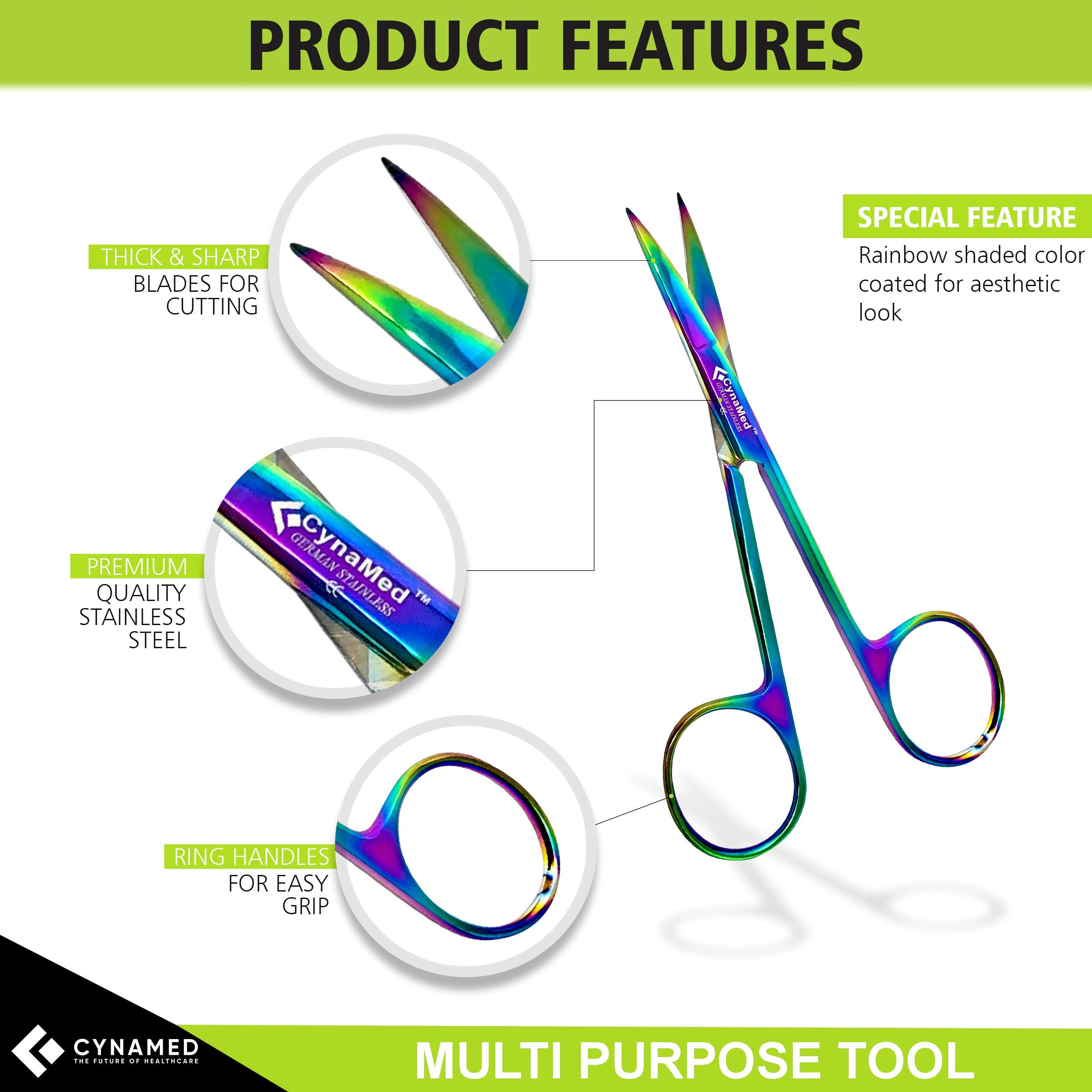Cynamed Set of 2 Iris Micro Dissecting Scissors with Multicolor/Rainbow Titanium Coating Premium Quality Instrument - Perfect for Fine Precision Tissue Dissection Suture Removal (Straight and Curved)