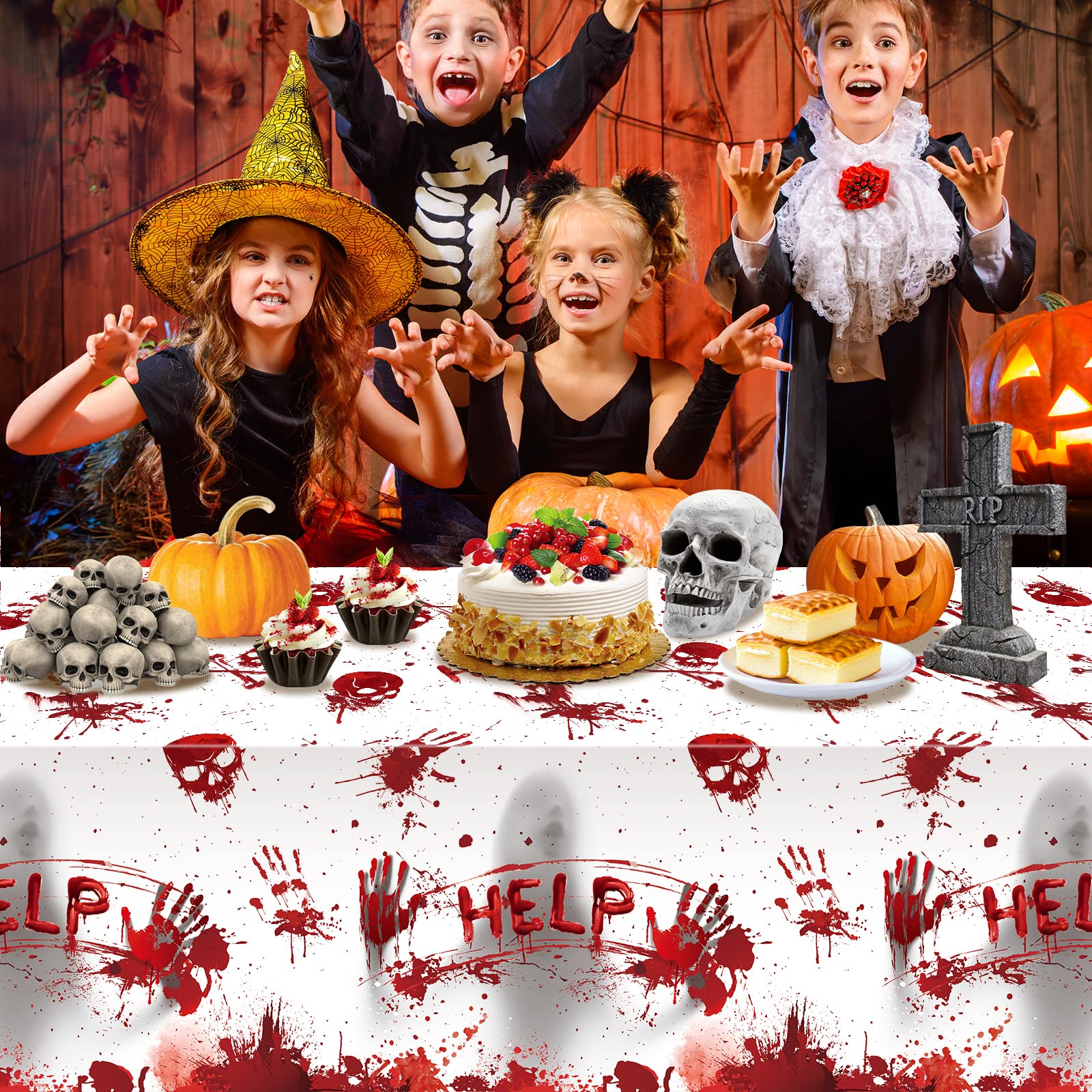 3Pcs Halloween Bloody Handprint Tablecloth Decorations, Plastic Handprints Shadowy Bloody Skull Table Cover Backdrop Banner for Halloween Vampire Zombie Horror Party Supplies,54 x108 inches
