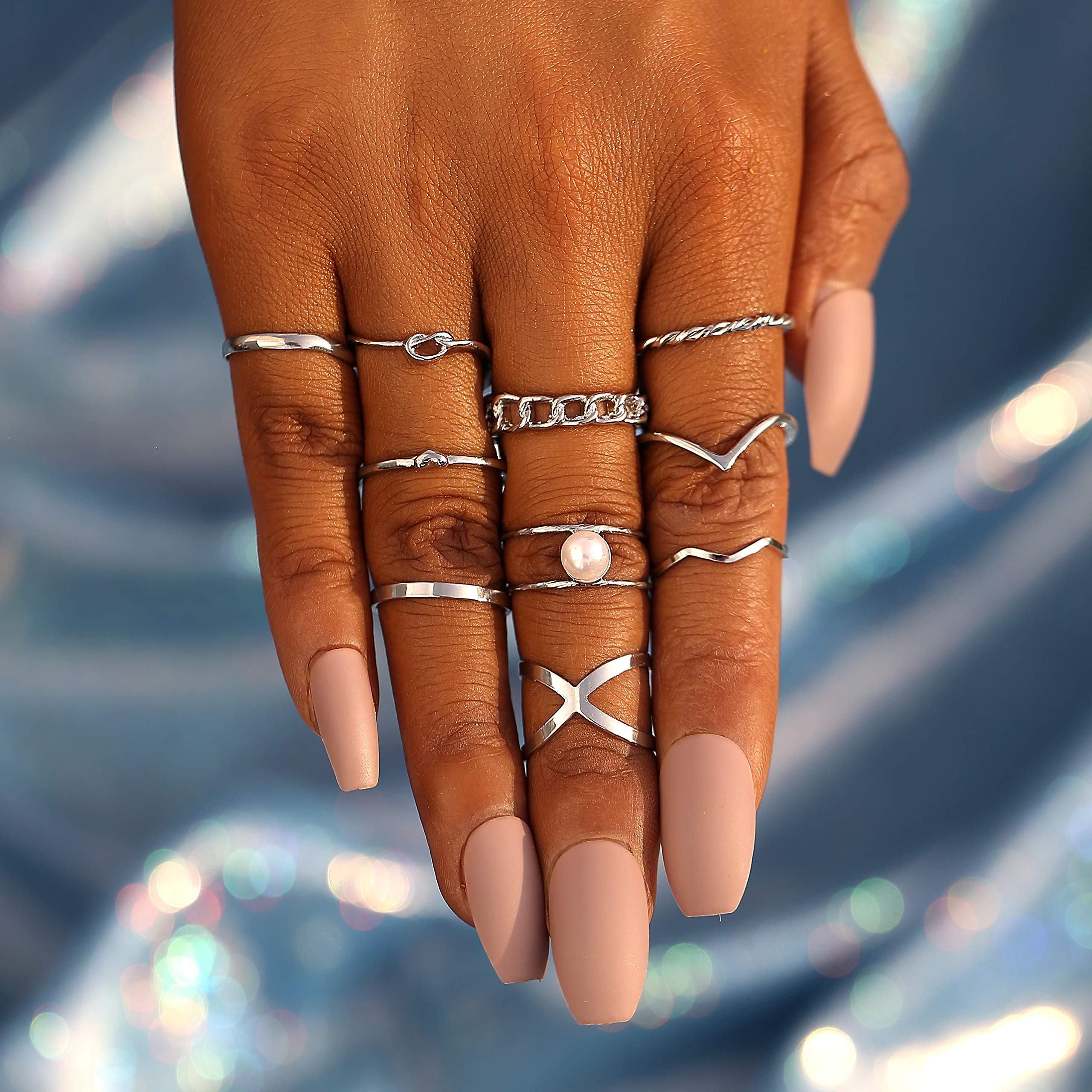 17 MILE 10 Pcs Vintage Knuckle Stackable Rings Set for Women, Bohemian Gold/Silver Plated Comfort Fit VSCO Wave Joint Finger Rings Gift (Pearl Gold) (Silver)