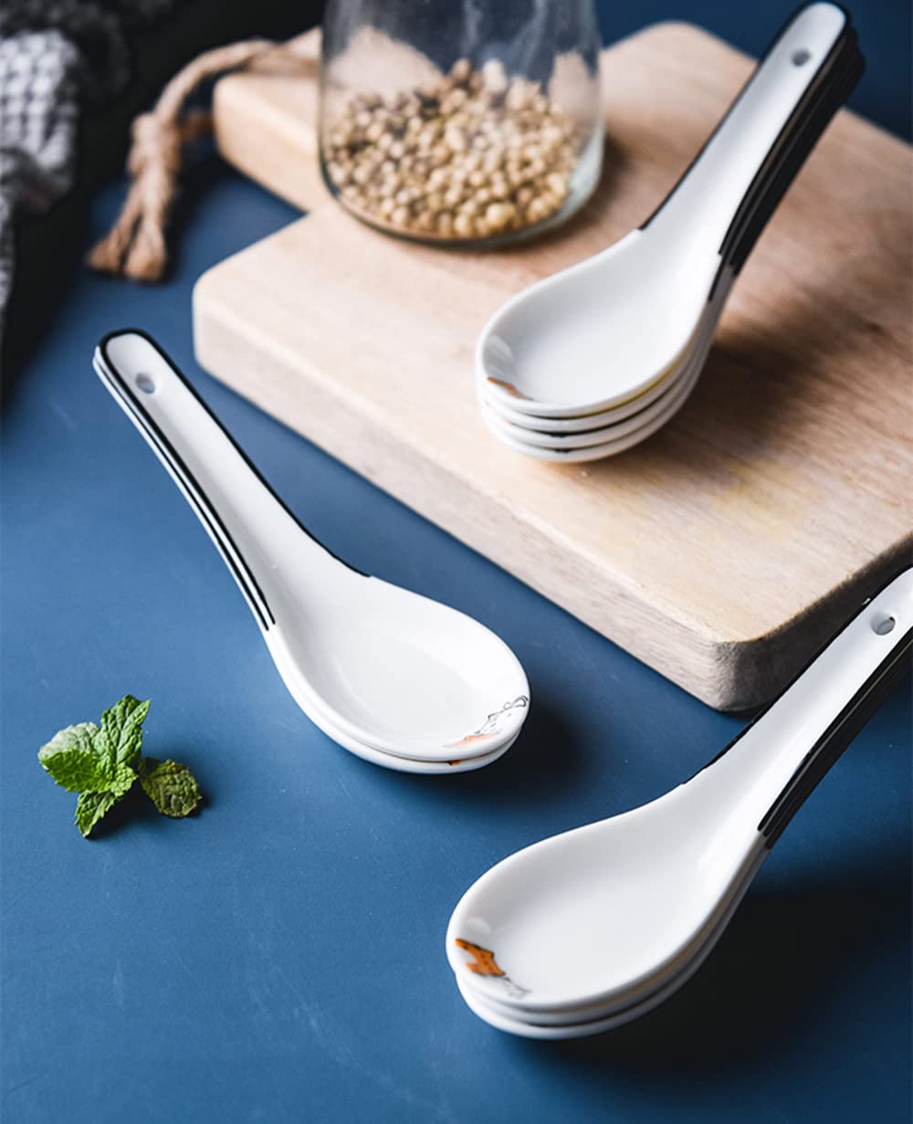 123Arts Ceramic Spoons Cartoon Cat Soup Spoons Dessert Spoons, Set of 5