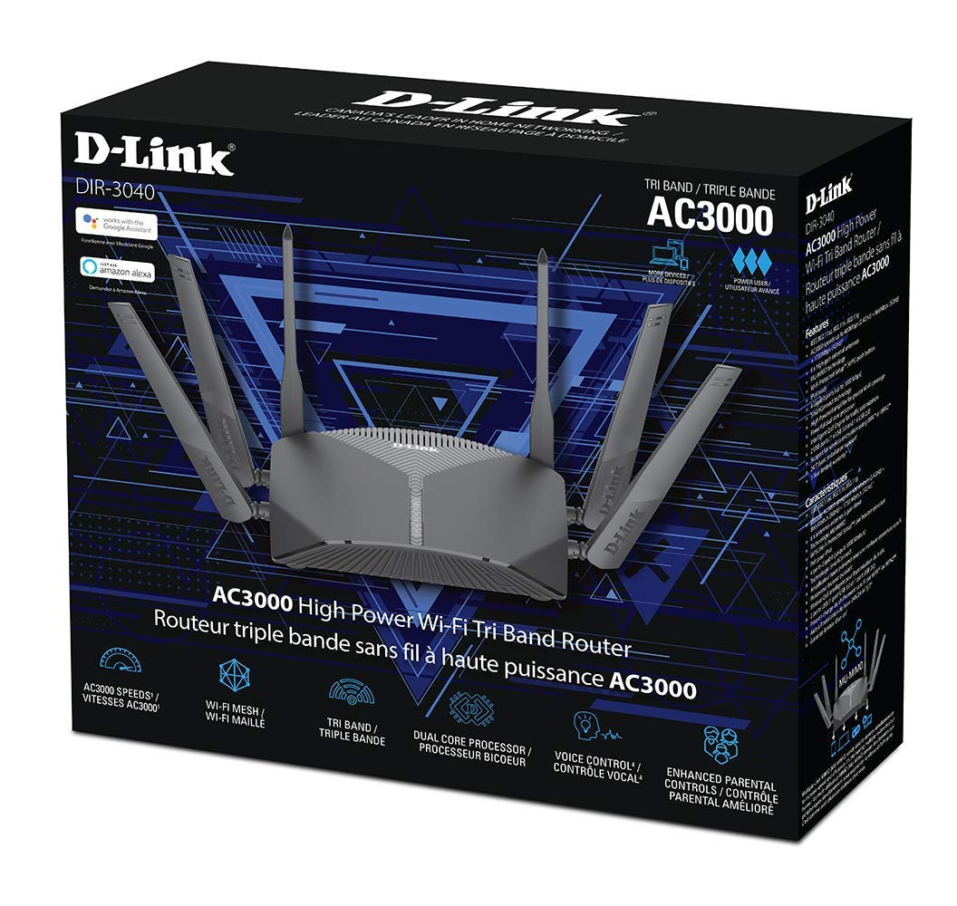 D-Link WiFi Router AC3000 Mesh Smart Internet Network Compatible with Alexa & Google Assistant, MU-MIMO Tri Band Gigabit Gaming Mesh (DIR-3040-US) (Renewed)