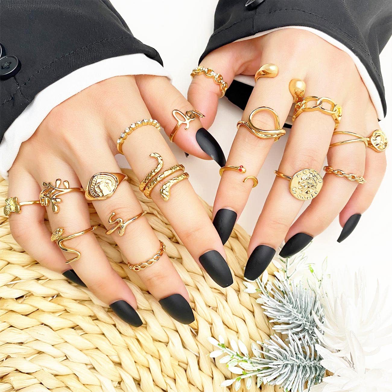 17IF 23 Pcs Gold Knuckle Rings Set for Women Grunge Vintage Goth Punk Chunky Ring Modern Boho Butterfly Snake Rose Stackable Thick Finger Rings Silver Midi Rings Pack Lover for Anniversary Birthday Party