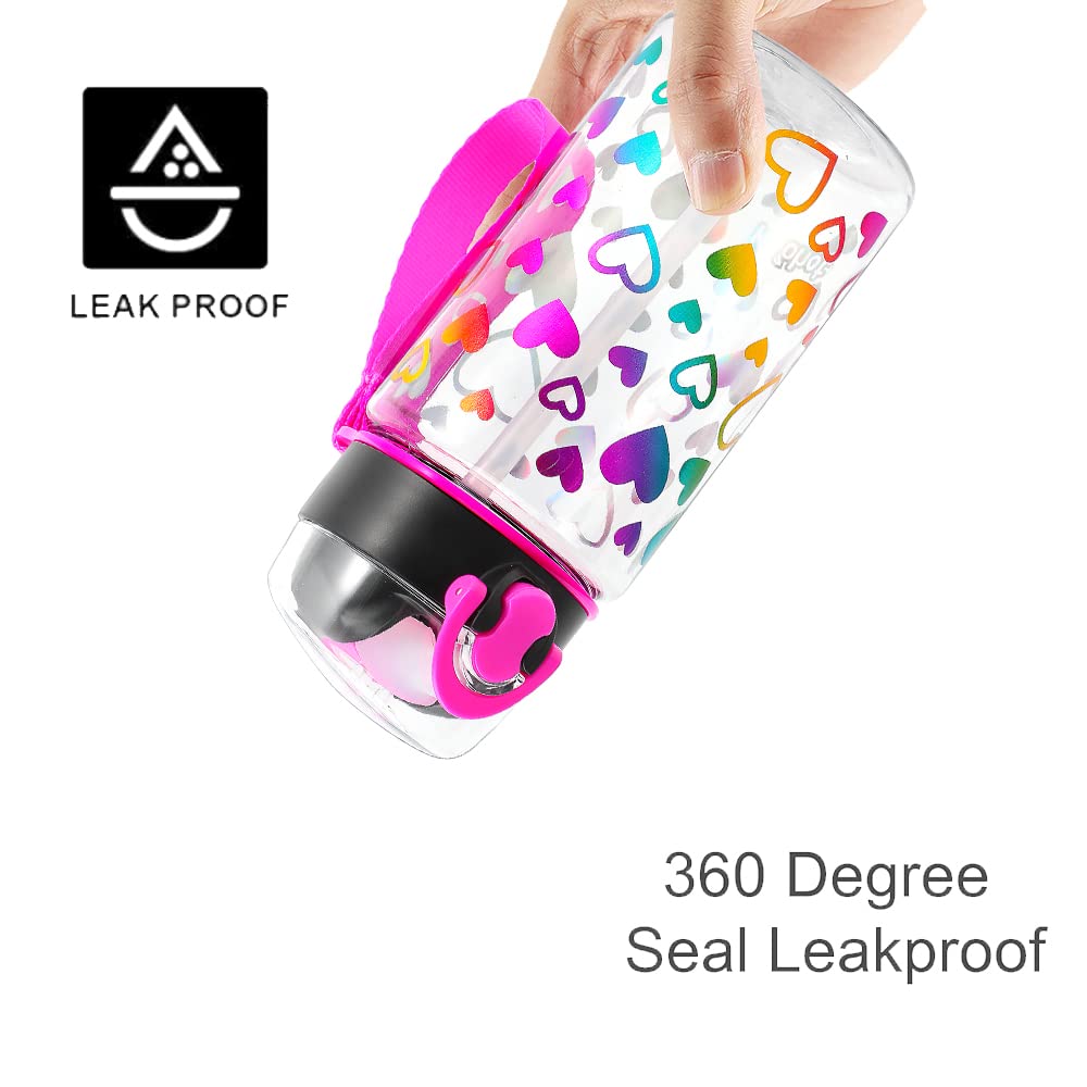 Cute Water Bottle with Straw for Kids Girls Boys, BPA Free Tritan & Leak Proof Flip Top & Soft Silicone Sipper & Easy Clean, 15oz / 450ml (Heart)