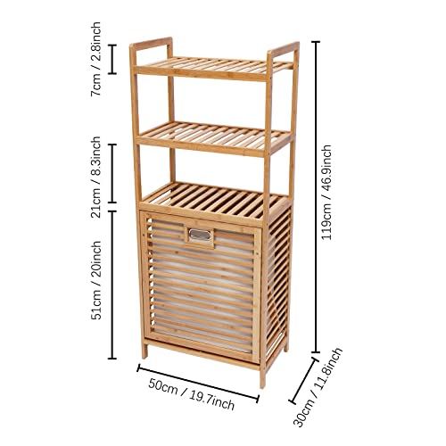 46.9'' Tilt Out Laundry Hamper, 3-Tier Bamboo Laundry Hamper Cabinet Floor Stand Bathroom Storage Shelf Cabinet Clothes Organizer Laundry Shelf for Laundry Room Bathroom Bedroom