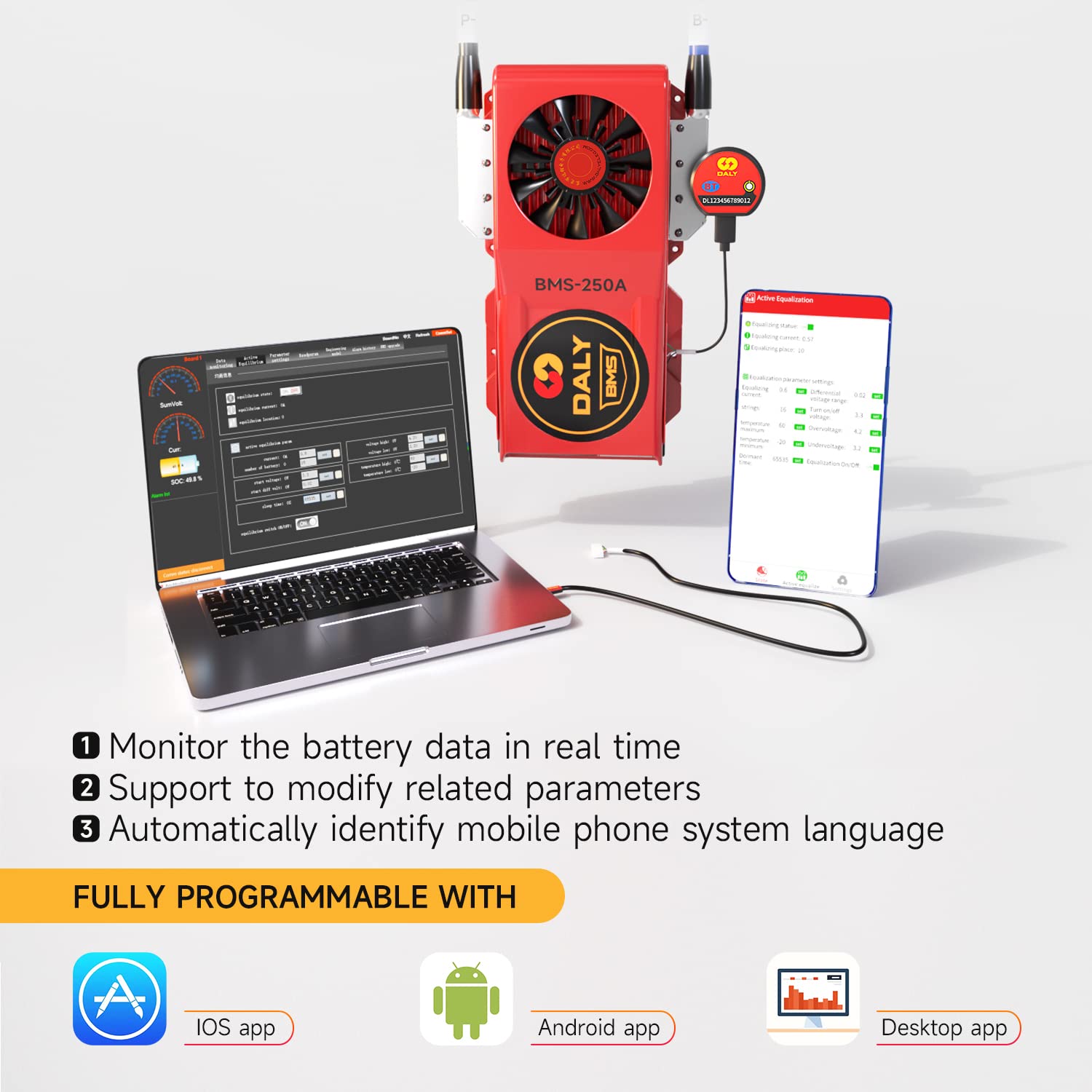 DALY Programmable Configurable Smart BMS with UART 16S 48V 250A LiFePO4 Battery Protection Module with Bluetooth PCB Protection Board with Balance Leads Wires BMS 48V with Cooling Fan