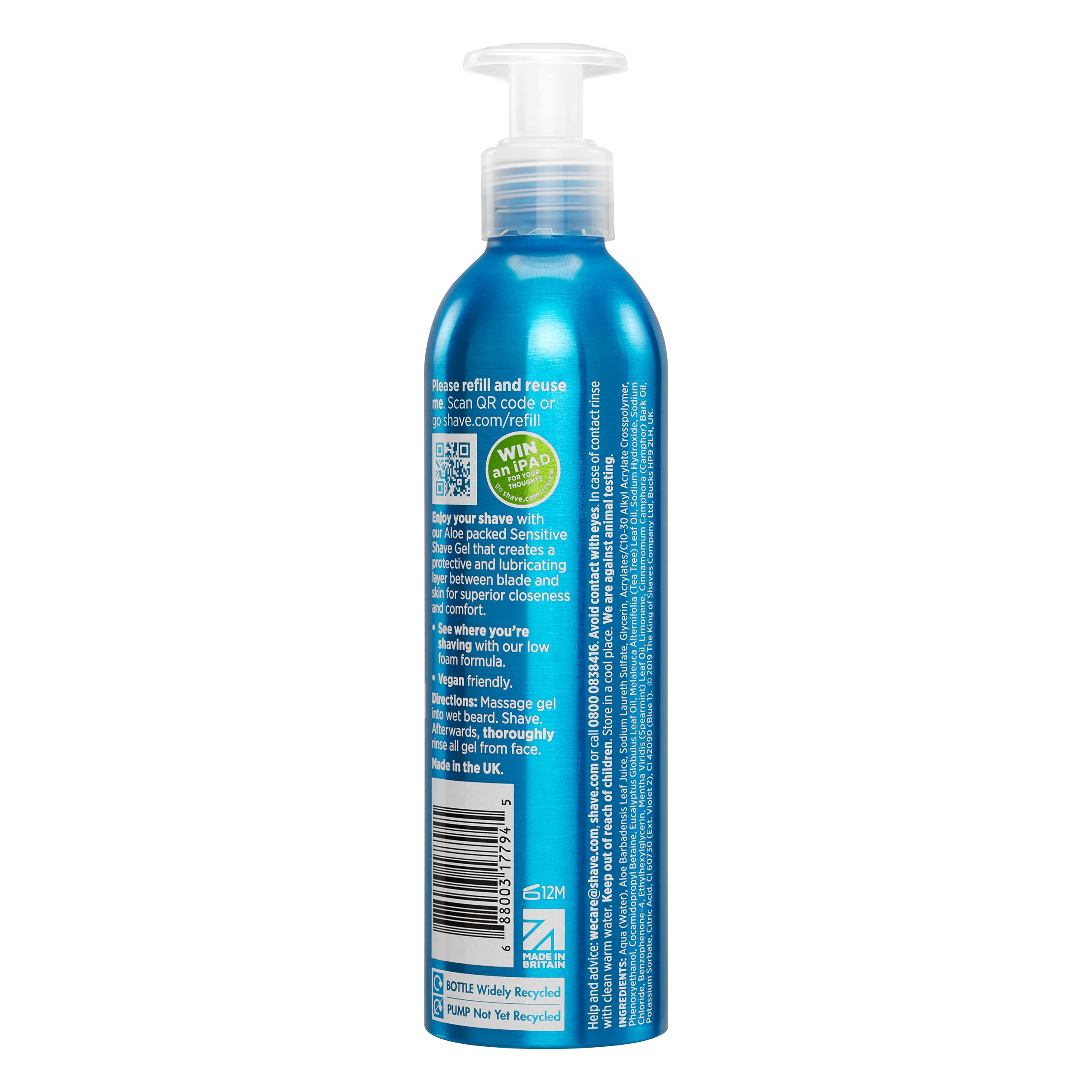 King of Shaves Sensitive Shaving Gel, Refillable Aluminium Bottle 1 x 250ml and Refill Shave Gel Pouch 2 x 200ml