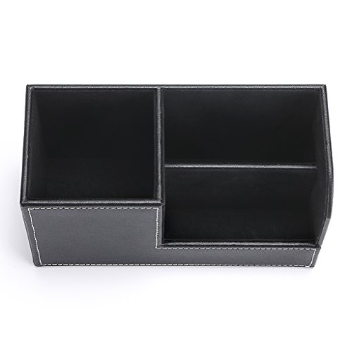 BTSKY PU Leather Desk Pen Pencil Holder- Multi-functional Desktop Organizer Storage Box Business Card Pen/Pencil Mobile Phone Remote Control Stationery Holder Home Office Table Top Organization Decor(black)