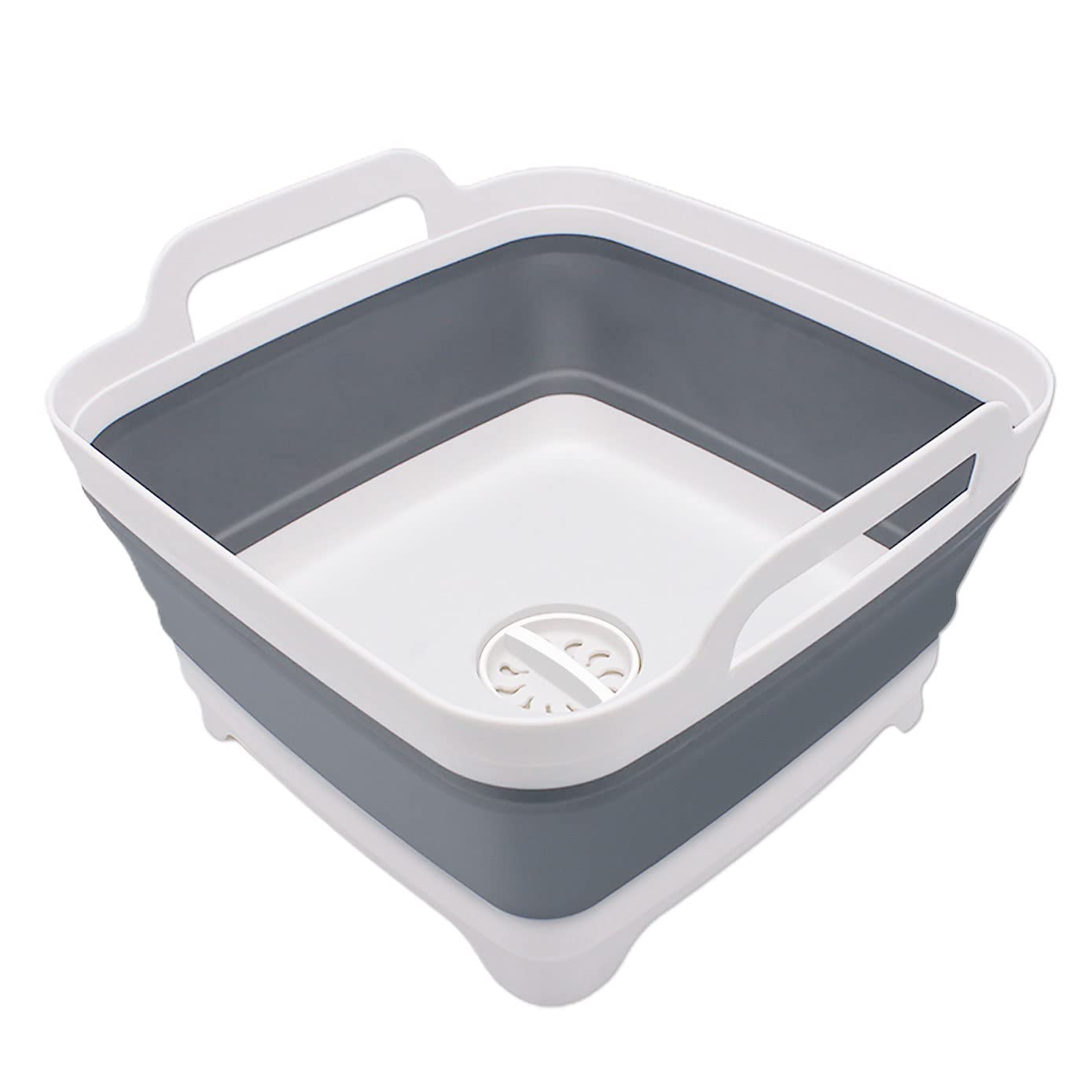 2.4 Gal(9L) Collapsible Dish Basin with Drain Plug, Space Saving Outdoor Multiuse Foldable Sink Tub, Dishpan, Kitchen Storage Tray for Camping, Vegetable Washing, RV (Grey)