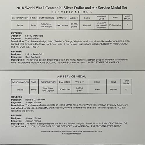 2018 PD WWI World War One Centennial (Air Service) Medal Set Dollar US mint Proof