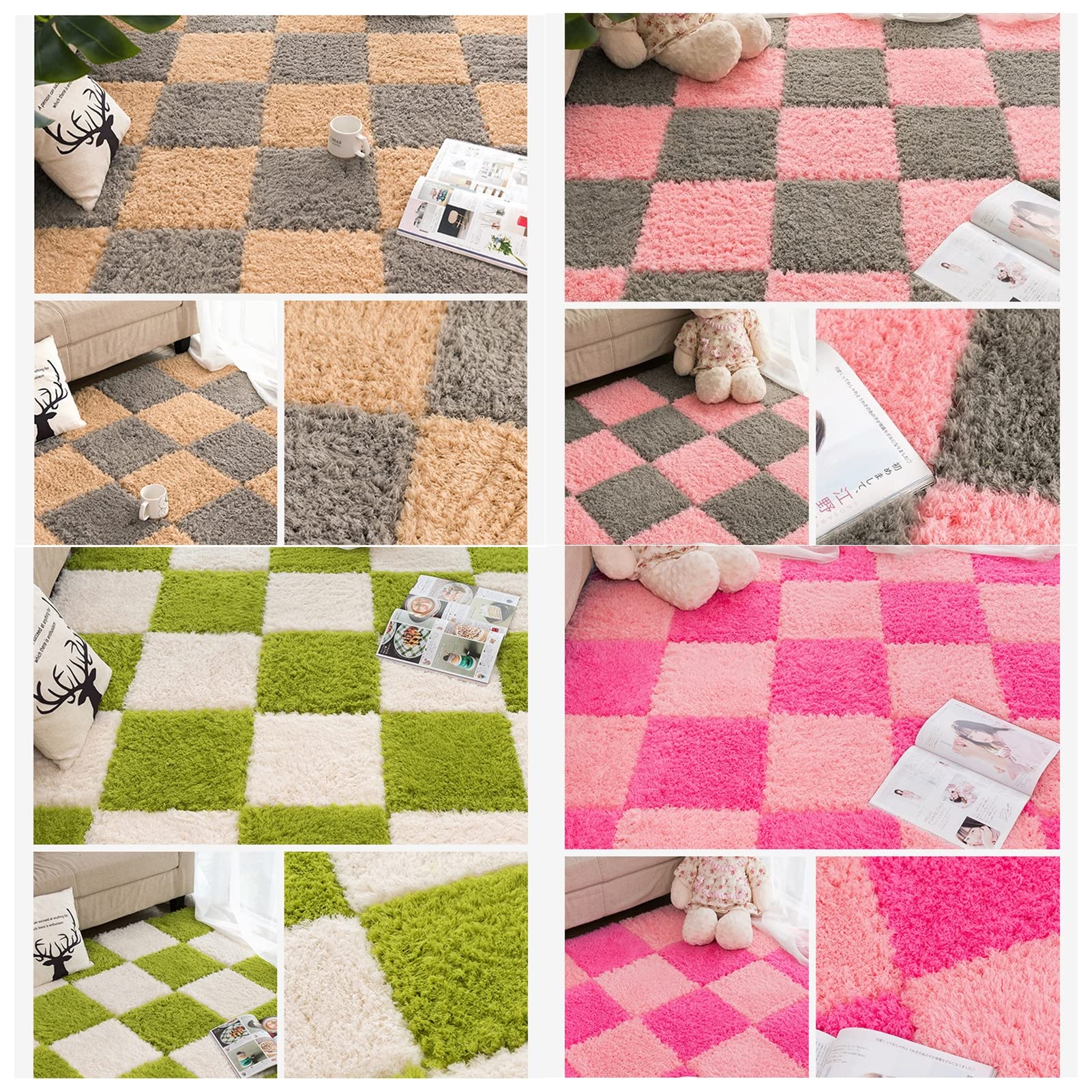 16Pcs Interlocking Foam Carpet,Shaggy Soft Foam Play Mat,Fluffy Area Rugs,Square Plush Puzzle Floor Tiles,Crawling Mats for Living Room Bedroom,12X12inch,Grey