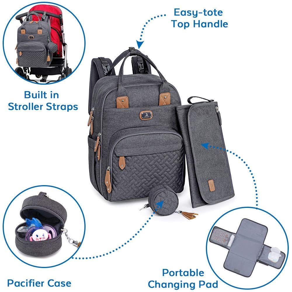 Dikaslon Diaper Bag Backpack, Stroller Hooks, Large Unisex Baby Bags with Changing Pad, Pacifier Case and Universal Stroller Clips for Mom Dad