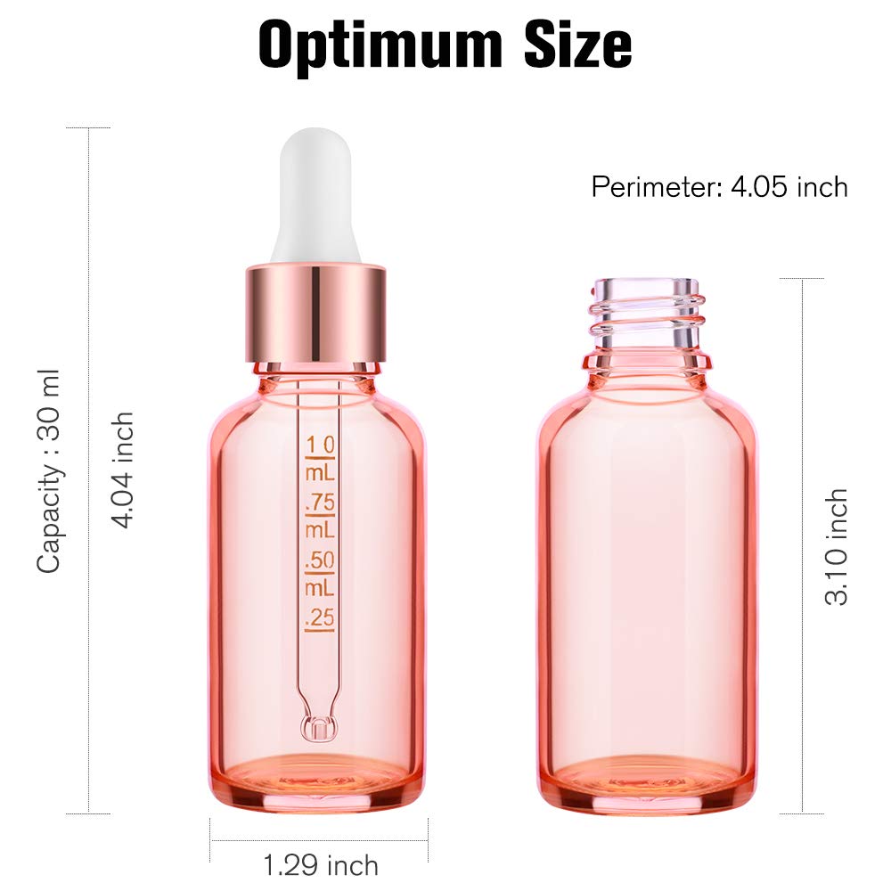 PrettyCare 4 Pack 1oz Eye Dropper Bottle Rose for Essential Oils with Measured Pipettes, 30ml Glass Bottles with Eye Droppers Tincture Bottles, Leak Proof Travel Bottles