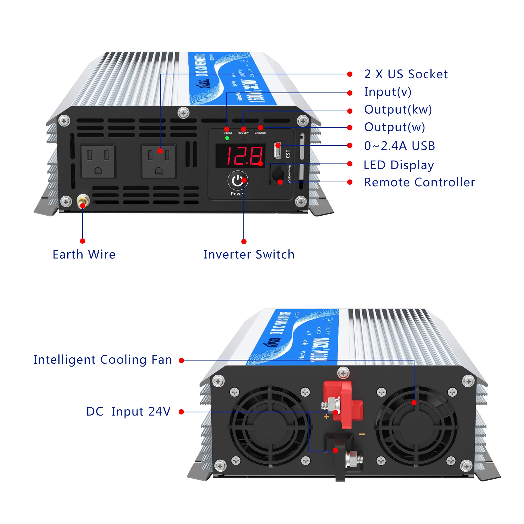 1600Watt Power Inverter Modified Wave DC 12volt to AC 120volt with Remote Control & LED Display and 2.4A USB Port for Trucks Boats RV & Emergency