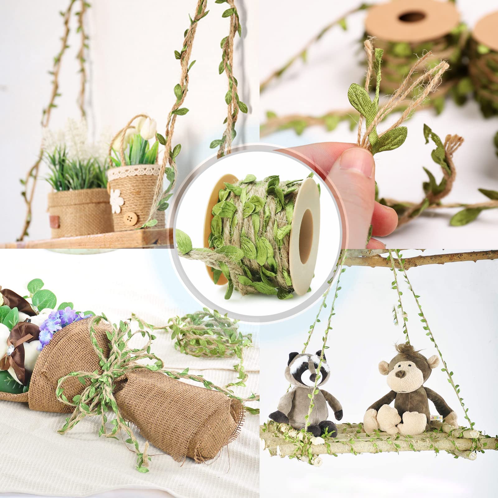 4 Pack Artificial Green Leaves Natural Burlap Leaf Ribbon Twine Artificial Jungle Vines Leaves for Wedding Home Garden, Jungle Party Décor