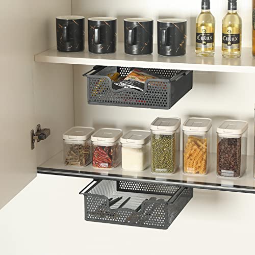 2 Pack Hanging Pullout Drawer Basket, Sliding Under Storage Organizer, Under Shelf Baskets Under Cabinet Organizer Shelf Under Desk for Kitchen Pantry Cabinet, Attaches to Shelving, Black