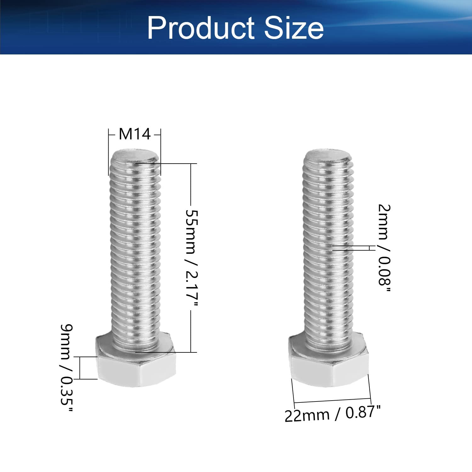 Yinpecly M14-2 x 55mm Hex Bolt Hex Flat Head Cap Bolts Screws for High-pressure Flow Pump Impellers Silver 2pcs