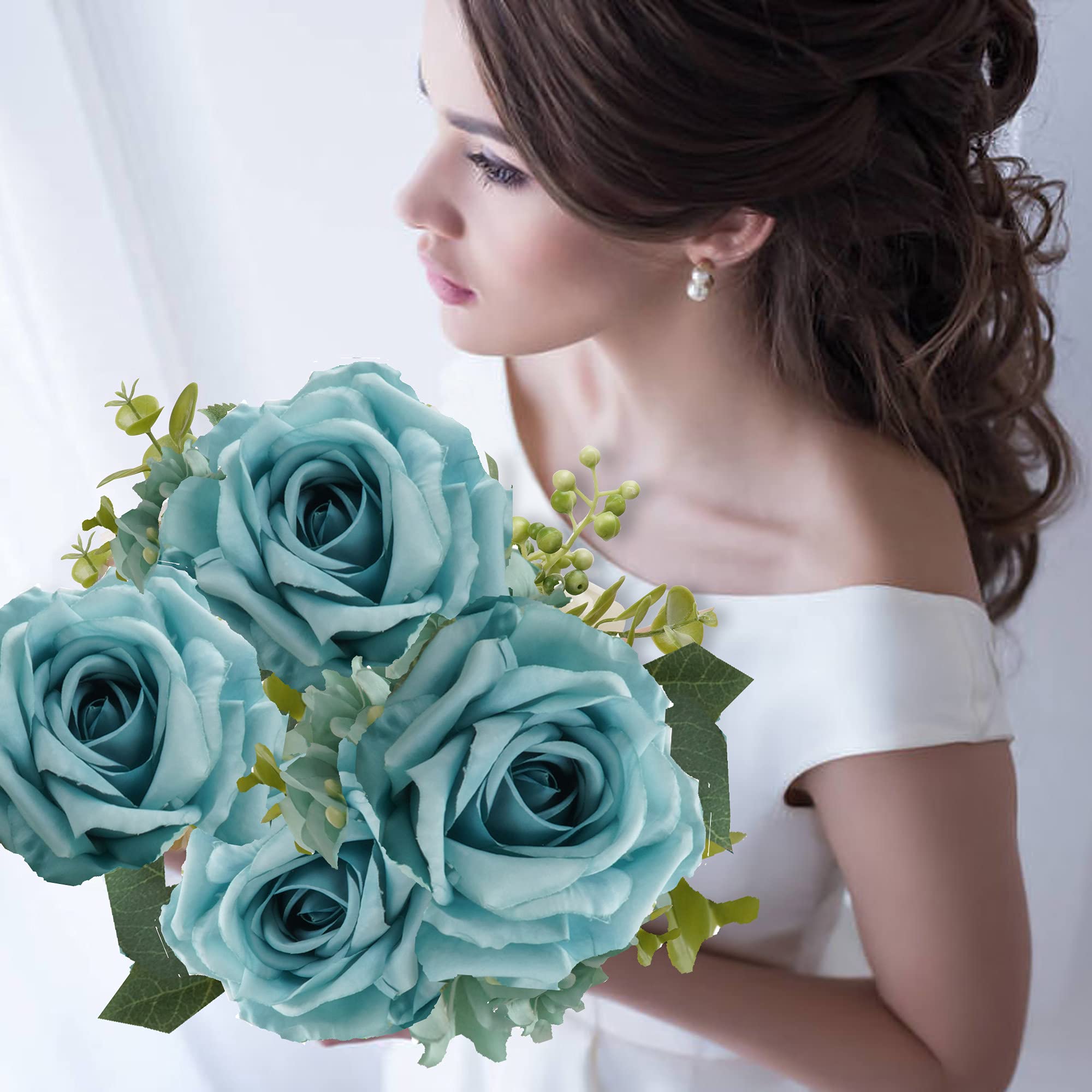 Artificial Flowers Set and vase, Combination Arrangements for Home Garden Party Wedding ,Fake Rose Flowers Bedroom Living Room Kitchen Office Decoration ( Blue Flowers White vase
