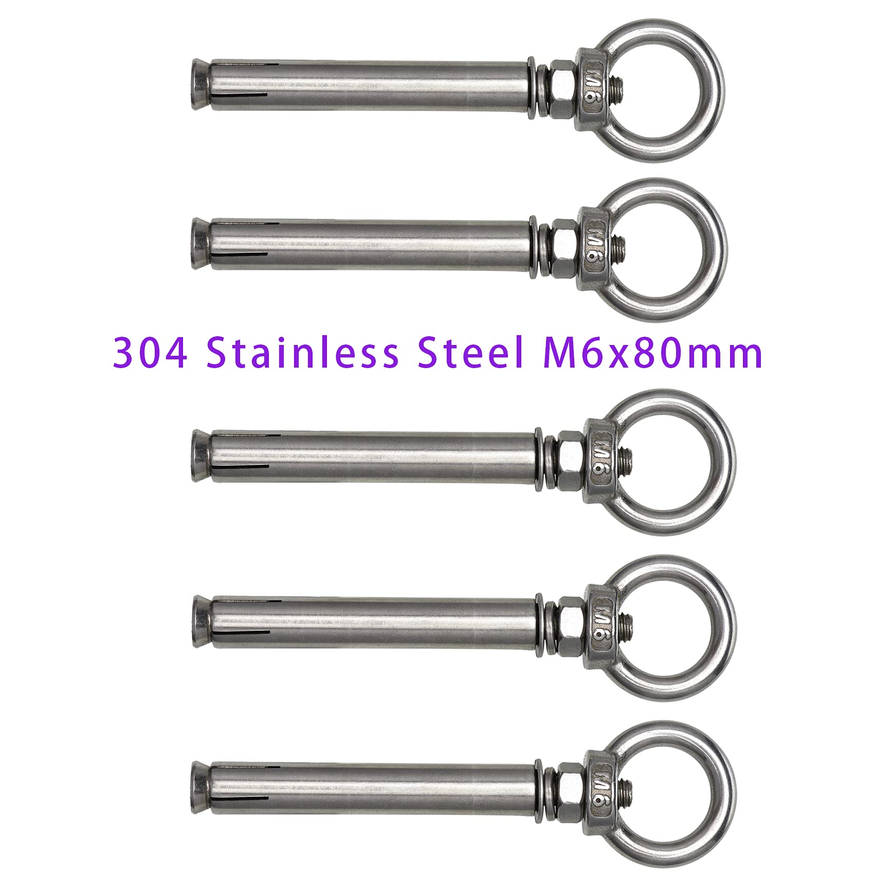 Expansion Eyebolt M6 X 80mm,5pcs Expansion Bolts 304 Stainless Steel Ring Lifting Bolt with Eye Anchor Concrete Heavy Duty Ring Screw Closed Hook Anchor Bolt,Concrete Eye Bolt