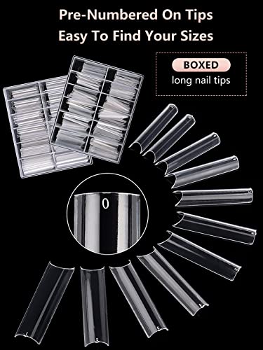 480Pcs Clear Nail Tips for Acrylic Nails Professional, XL Long C Curve Square & Coffin Nail Tips Set with 2 Nail Files, Half Cover Nail Extension Tips Artificial Acrylic Nail Tips for DIY Nail Art