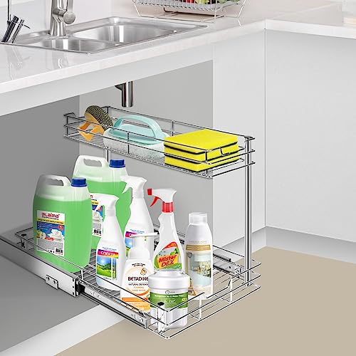 2 Tier Pull Out Cabinet Organizer, 20.7" D x 12.7" W x 13.9" H, Heavy Duty, Under Sink Slide Out Storage, Sliding Wire Drawer Base Cabinet for Kitchen Bathroom Pantry, Chrome