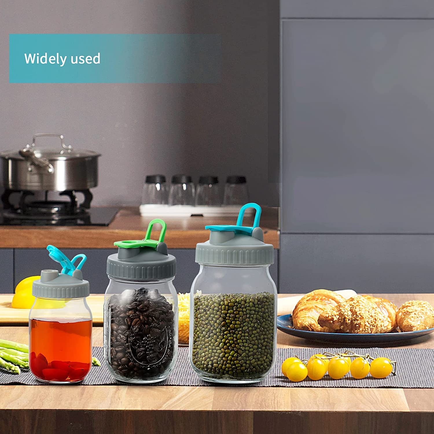 2 Pack Wide Mouth Mason Jar Lids for Ball Mason Jars, Including Mason Jar Pour Spout Lids with Handle, Innovative Flip Cap Lids, for Pouring, Drinking and Airtight Storage (Blue)