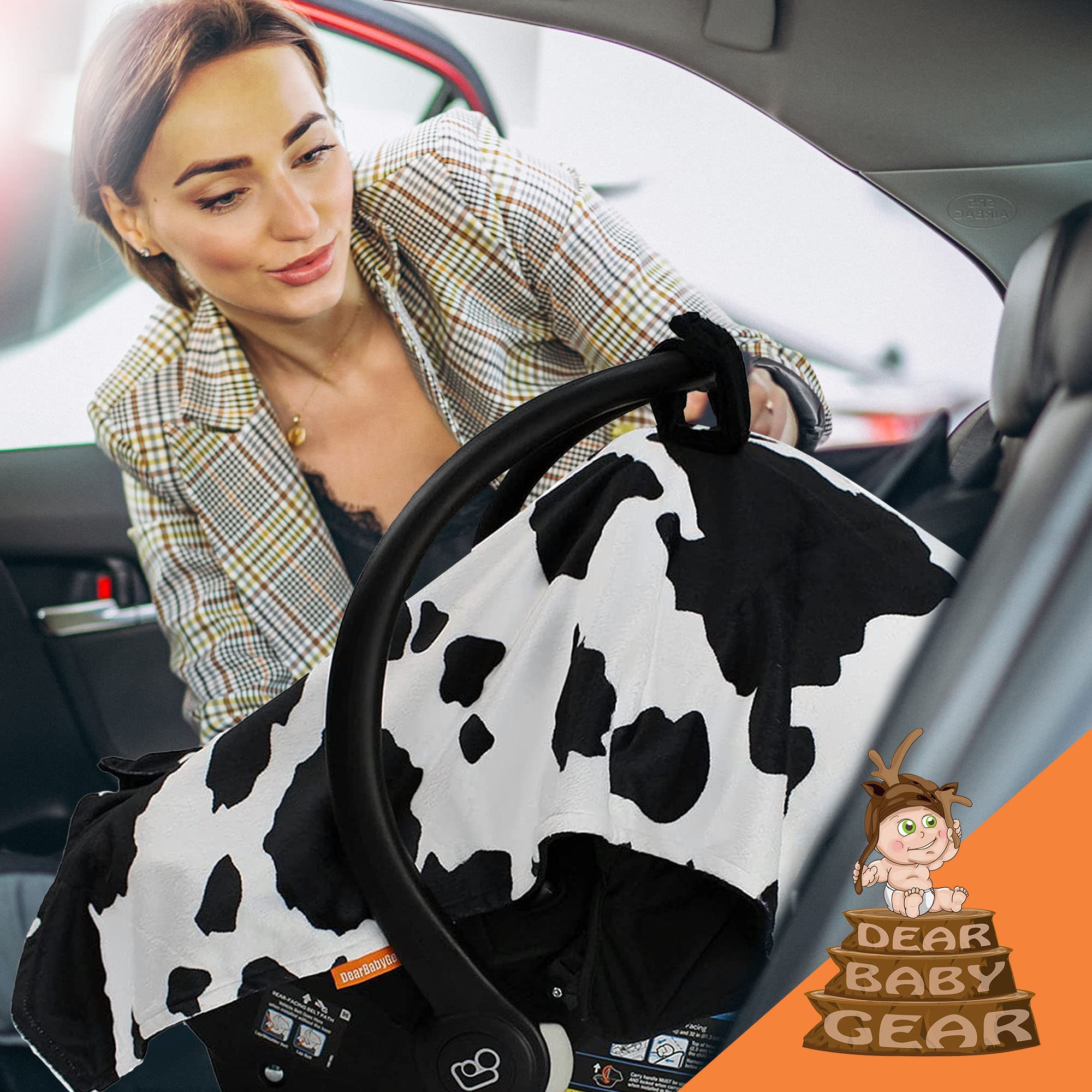 Dear Baby Gear Black and White Holstein Cow Baby Car Seat Canopy with Snap Button Opening — Double Layered Lightweight Cover Keeps Babies Cozy and Sheltered from The Sun — 40 x 30 Inches