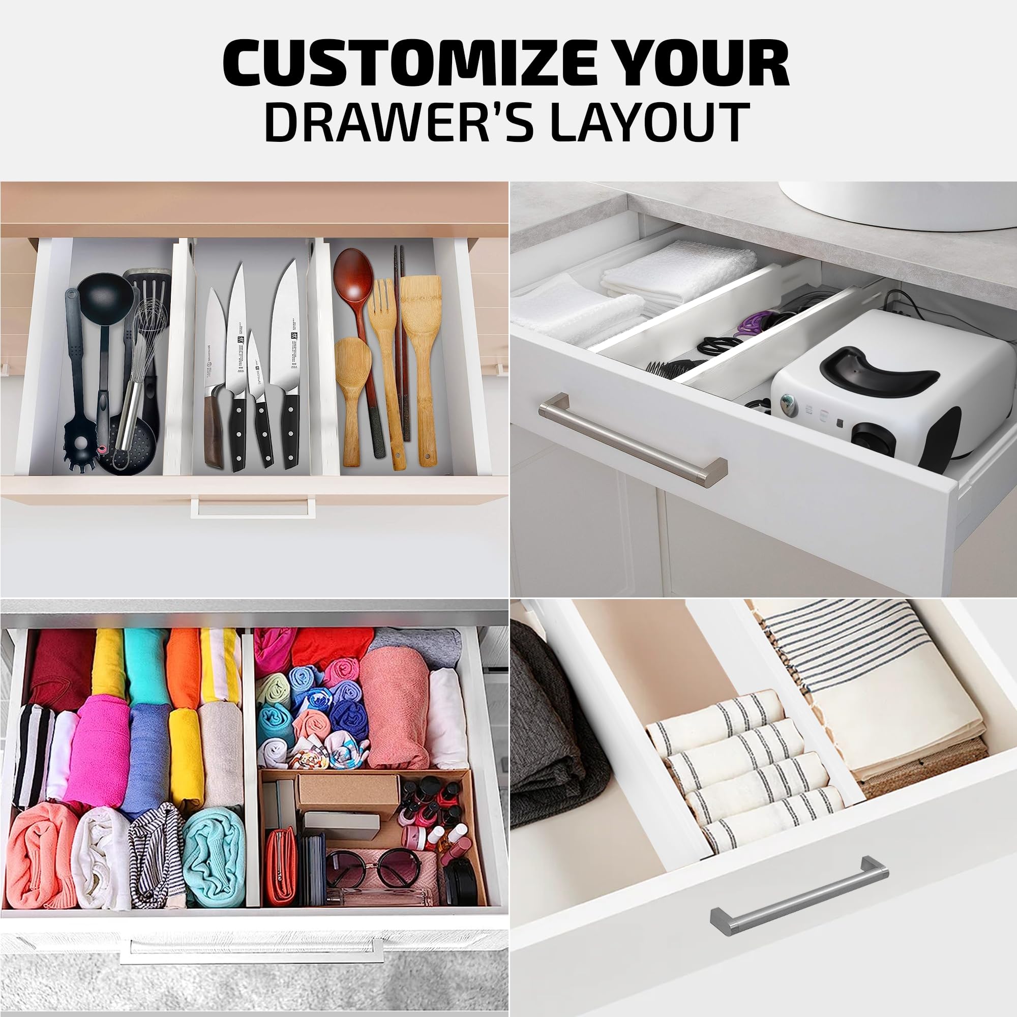 4 Pack Drawer Dividers Bamboo 2.6" High, 16-22" Adjustable Drawer Organizers for Clothes, Expandable Dresser Separators in Bedroom/Bathroom/Kitchen/Office Organization and Storage (White)