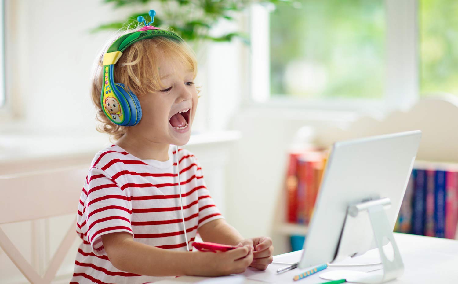 eKids Cocomelon Headphones for Kids, Wired Headphones for School, Home or Travel, Tangle Free Toddler Headphones with Volume Control, 3.5mm Jack, Includes Headphone Splitter