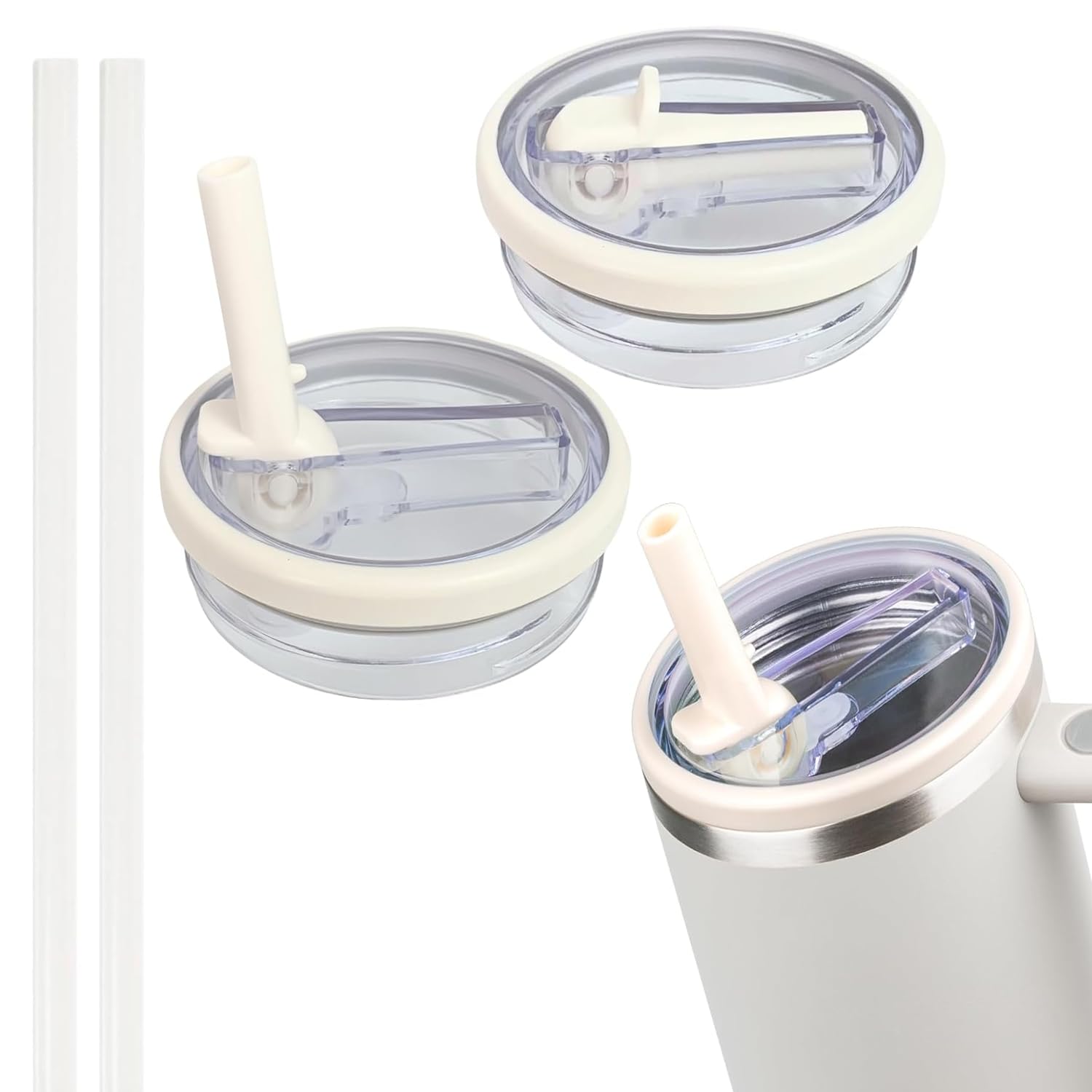 2 Pack 40 oz Tumbler Flip Straw Lid Replacement Compatible with Stanley Quencher - Leak-Proof Splash Resistant Tumbler Top Replacement Reusable Tumbler Cover Cream White