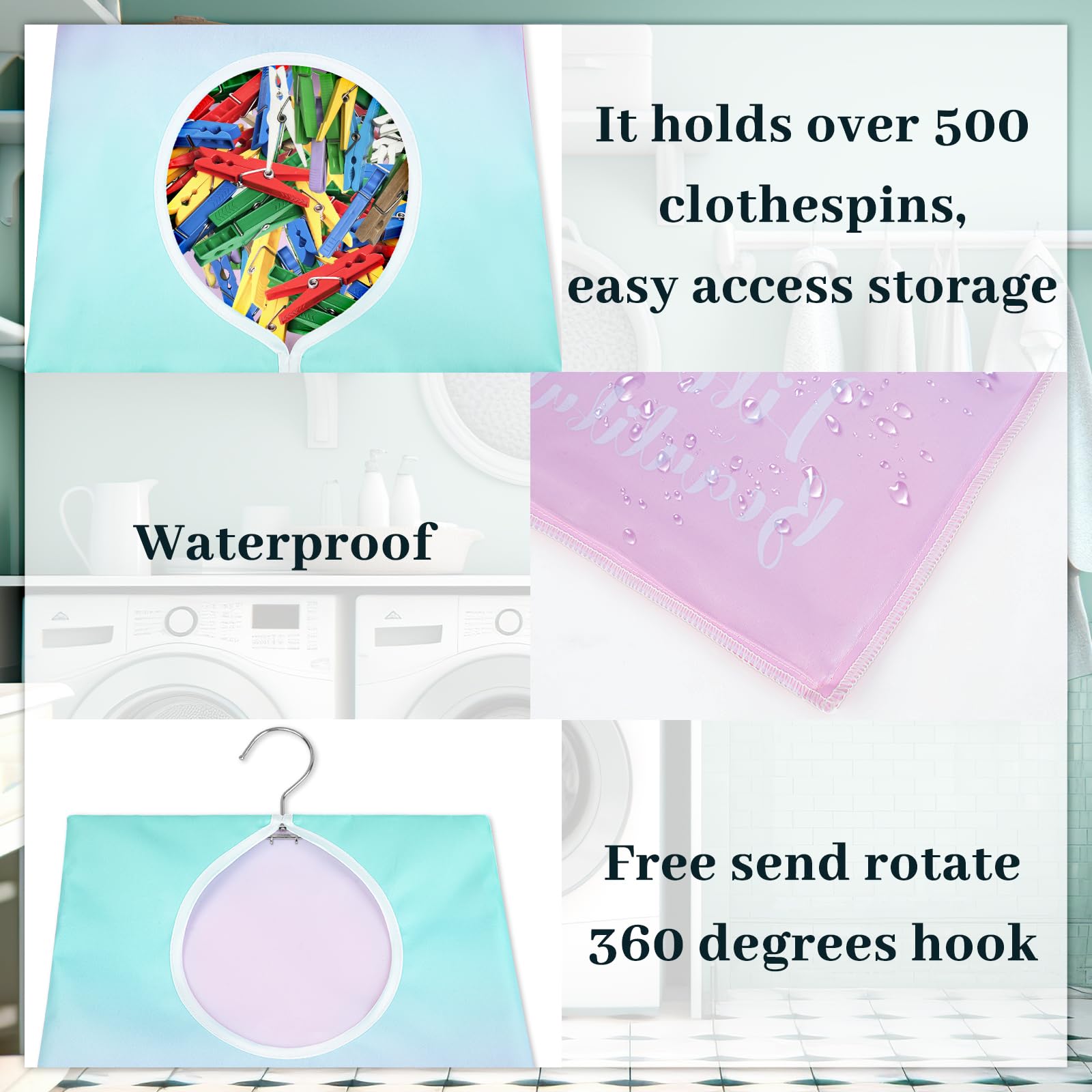 2 Pcs Clothes Pin Hanging Bag Boho Clothes Pin Bag with Hanging Hook 15 X 11 Inch Boho Clothes Pin Bag Laundry Canvas Clothes Pin Holder Waterproof Clothespin Bag Storage Organizer (Pink+Blue)