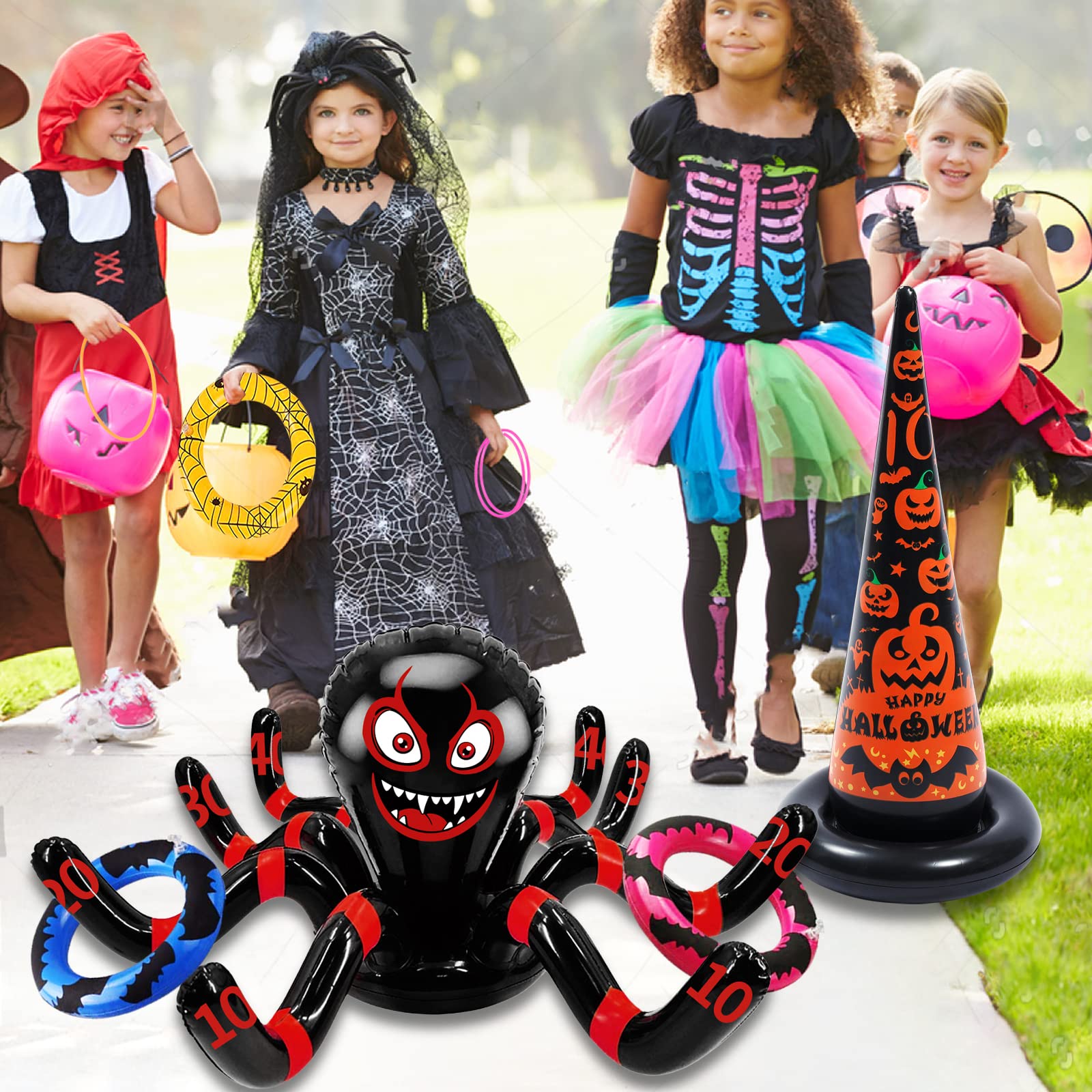 15Pcs Halloween Games Inflatable Spider Ring Toss Game with 12 Rings and Pump Halloween Ring Toss Game Set Gift for Kids Adults