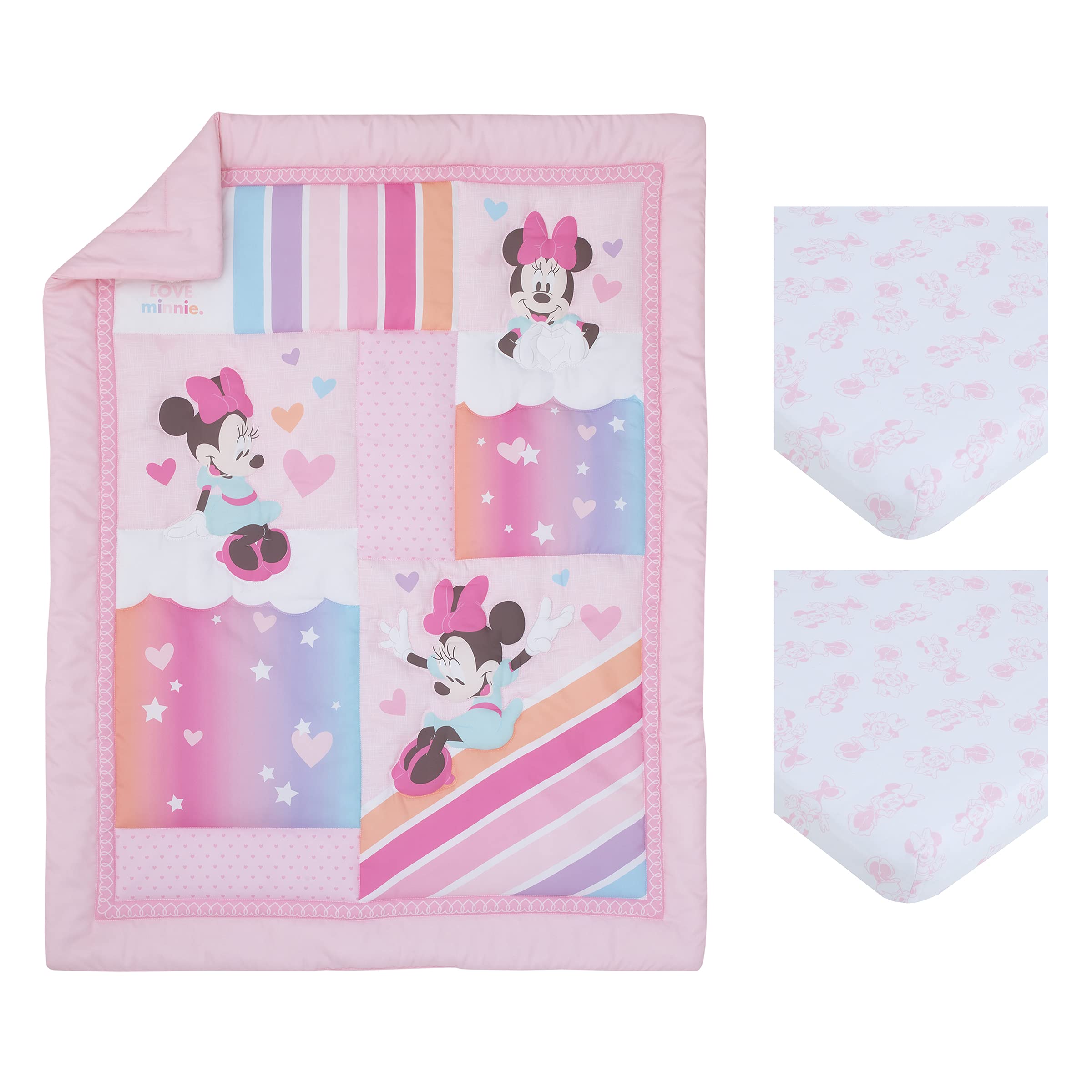 Disney Minnie Mouse Be Happy Pink Rainbow, Stars, and Clouds 3 Piece Nursery Mini Crib Bedding Set - Comforter and Two Fitted Mini Crib Sheets