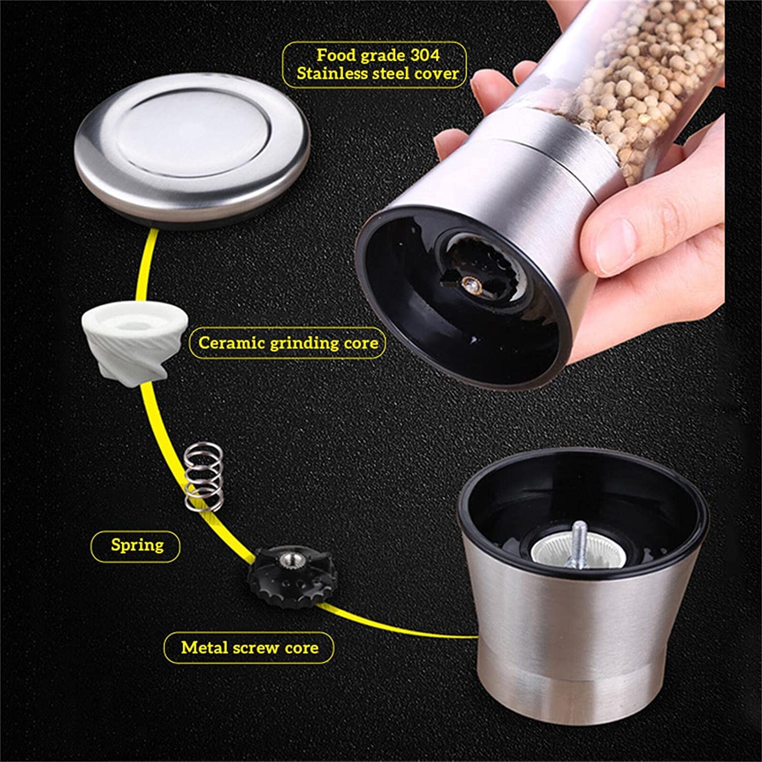 1pcs Pepper Grinder or Salt Grinder, Best Spice Mill with Ceramic Blades, Adjustable Coarseness, Brushed Stainless Steel Cap, and Refillable Tall Glass Body (7.5")