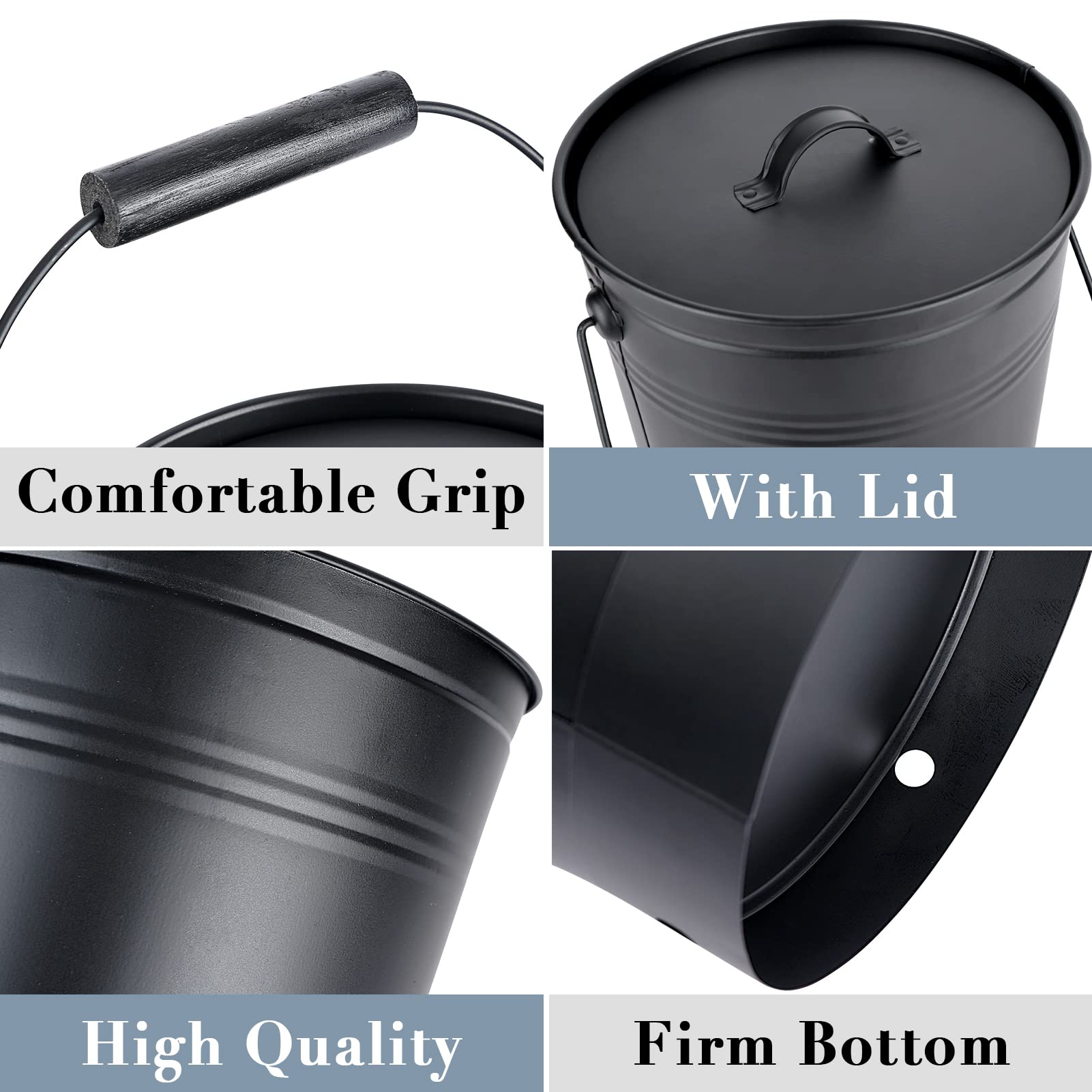 Ash Bucket with Lid and Coal Shovel, Fireplace Metal Bucket, Charcoal Bucket, Ash Can, Galvanized Iron Ash Bucket for Hearth, Fire Pit, Wood Burning Stove, Grill, Black