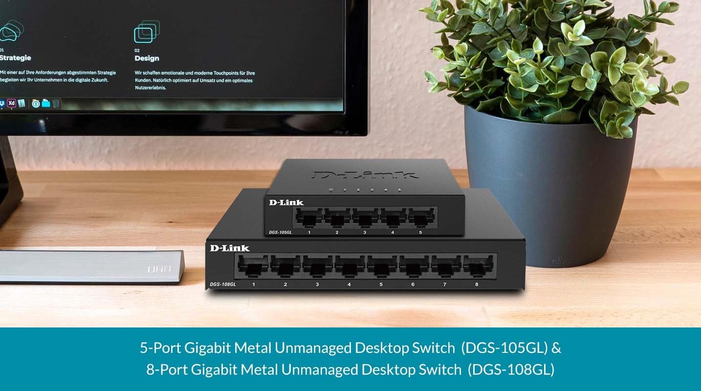 D-Link Ethernet Switch, 8 Port Gigabit Unmanaged Desktop Plug and Play Sturdy Metal Housing Fanless Design EEE Brown Box (DGS-108GL)