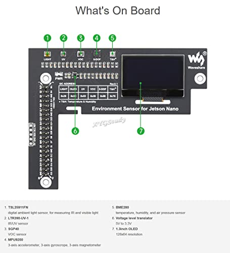 XYGStudy Environment Sensors Module for Jetson Nano 2GB and B01 I2C Bus with 1.3inch OLED Display to Collect Temperature Humidity/Air Pressure/Ambient Light Intensity/VOC/IR Ray/UV etc.