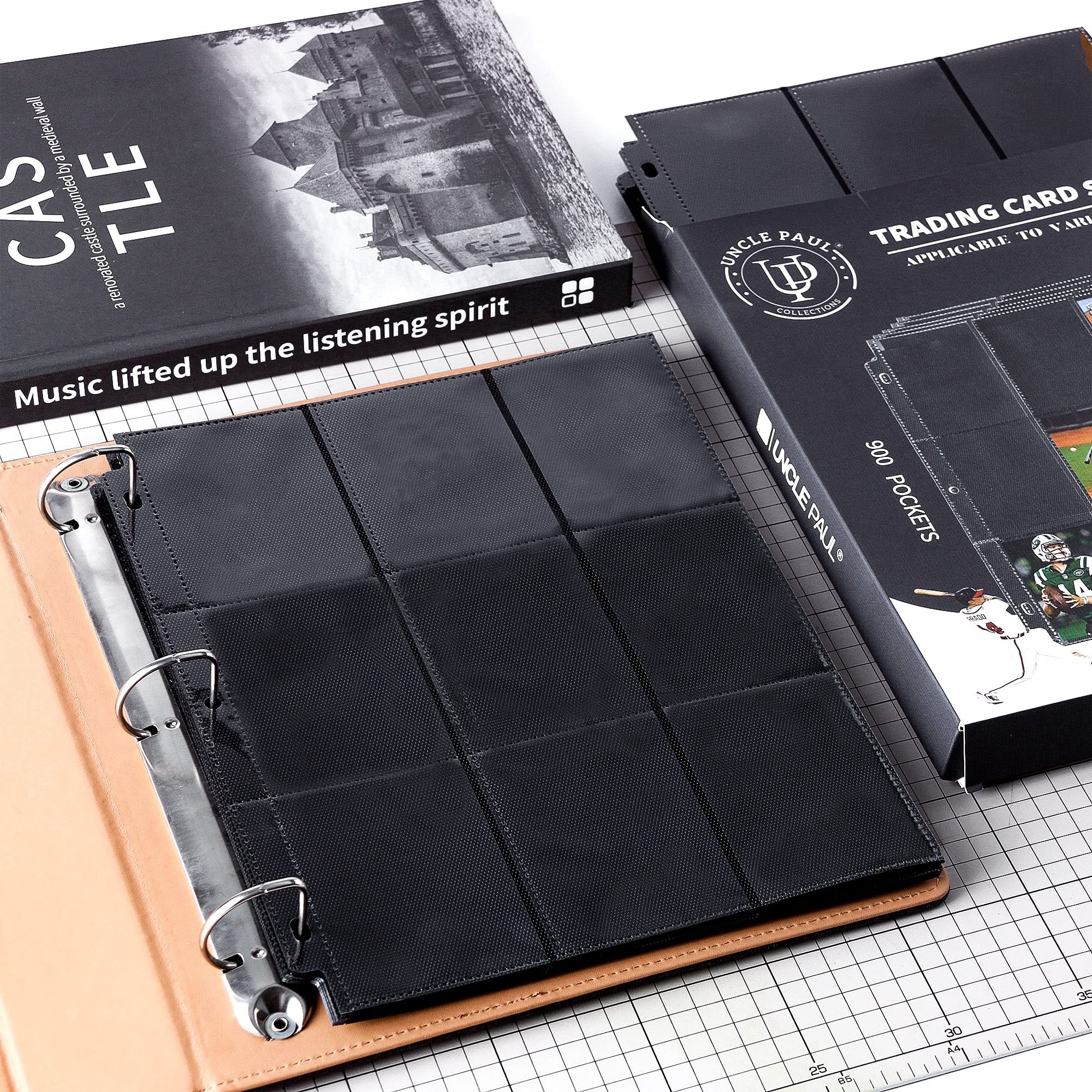 9 Pockets Trading Card Binder Sleeves Pages,900 Pockets/ 50 Sheets Card Protectors Fit 3 Ring Binder Card Sheets Double-Sided for Standard Size Cards Sport Cards Id Game Cards OS0850BK